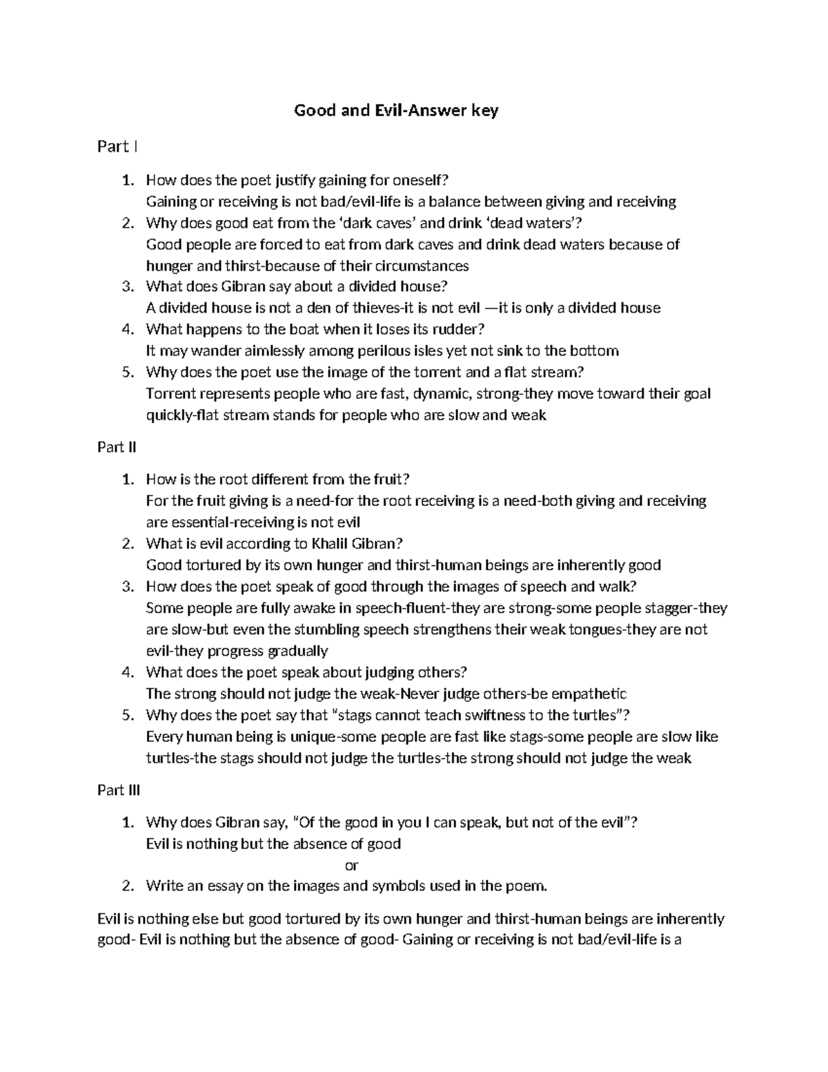 Good and Evil- Answer key - Good and Evil-Answer key Part I 1. How does ...