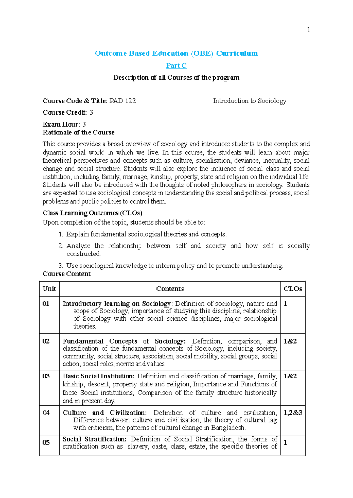 OBE-Curriculum, Cours-126 - 1 Outcome Based Education (OBE) Curriculum ...