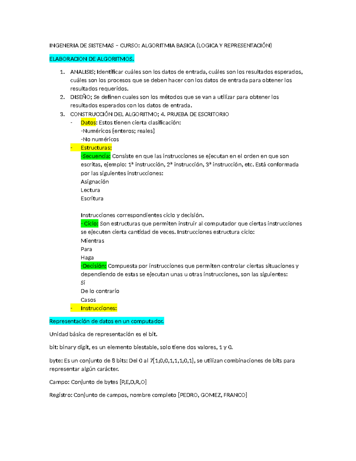 Ingeneria DE Sistemas - Algoritmia Basica - INGENERIA DE SISTEMAS – CURSO: ALGORITMIA BASICA ...