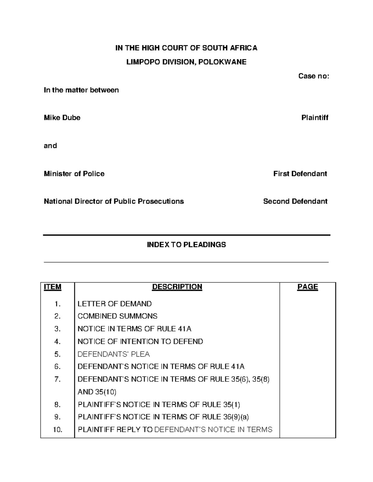 Index - IN THE HIGH COURT OF SOUTH AFRICA LIMPOPO DIVISION, POLOKWANE ...