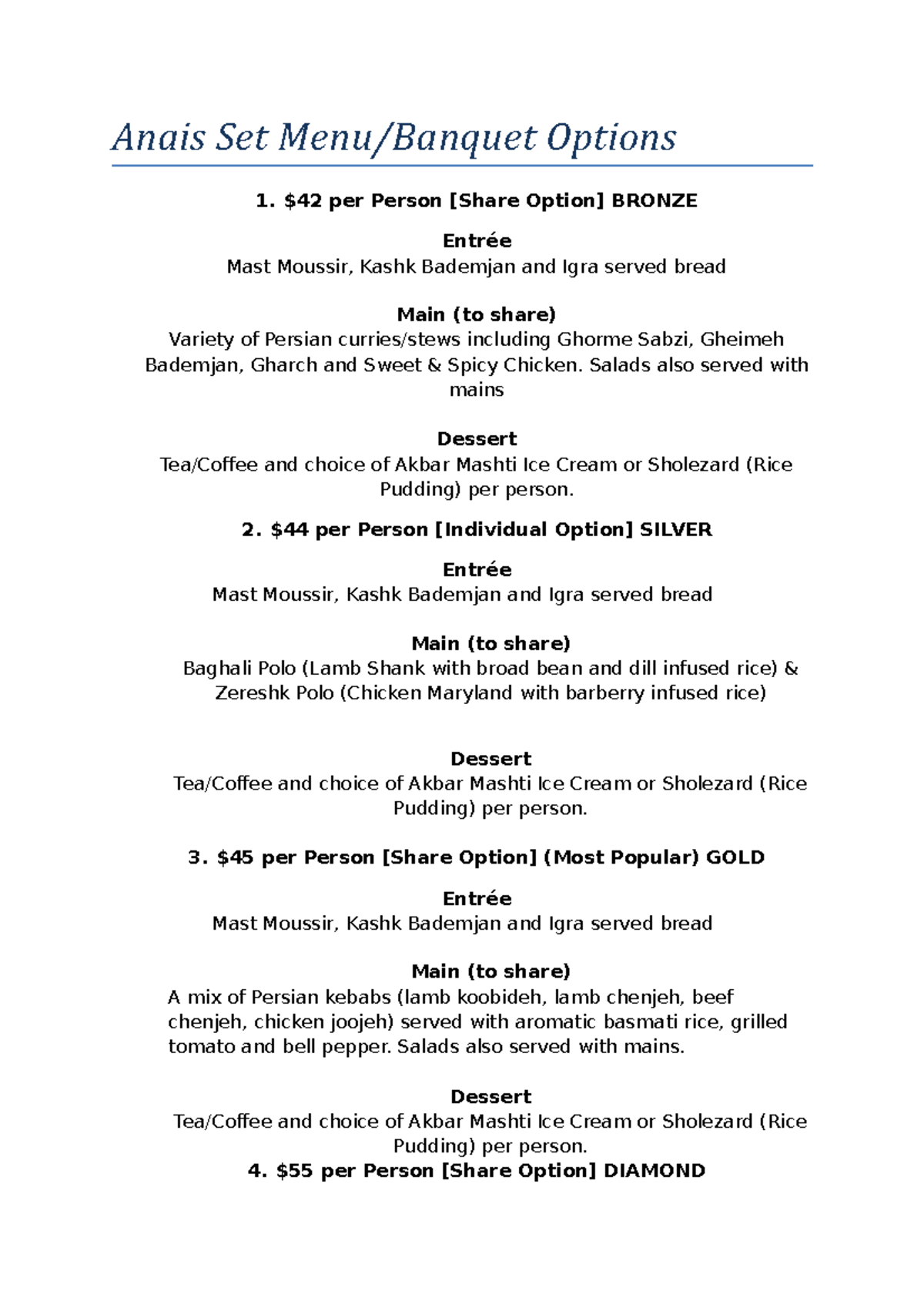 2021 Set Menu Options - notes - Anais Set Menu/Banquet Options $42 per ...