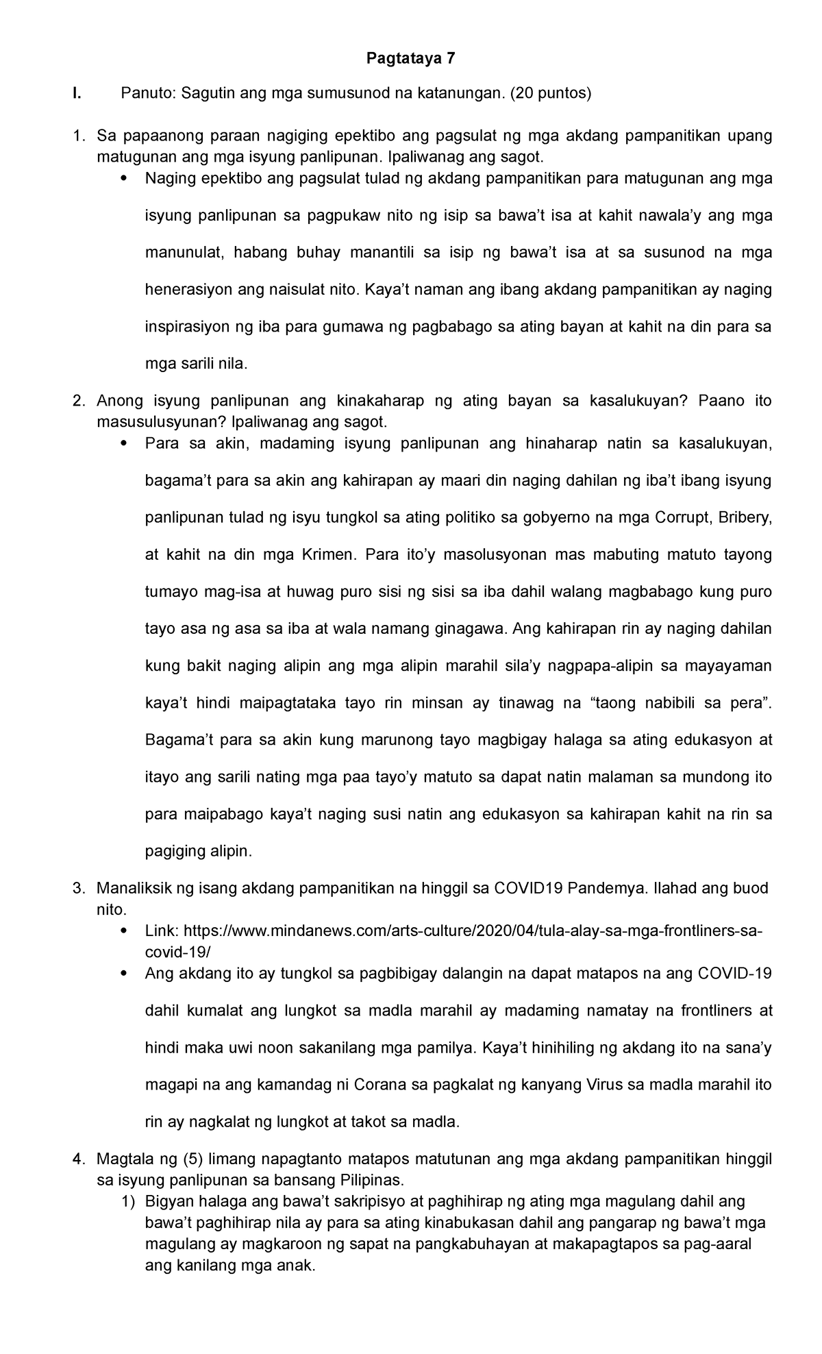 GE13-Q7 - GE13-Q7GE13-Q7 - Pagtataya 7 I. Panuto: Sagutin ang mga ...