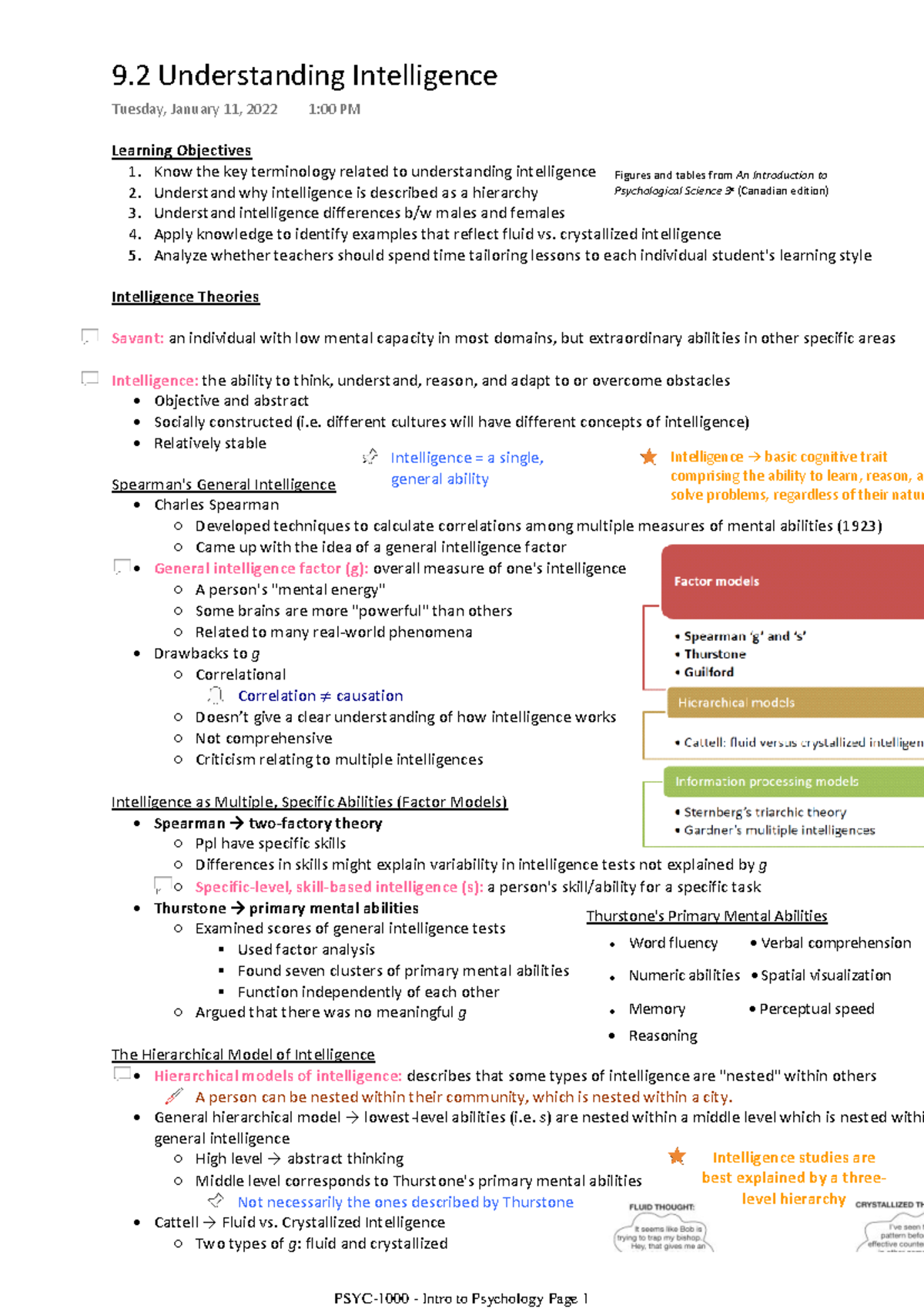 01 Understanding Intelligence (Chapter 9.2) - PSYC-1000 - U of W - Studocu