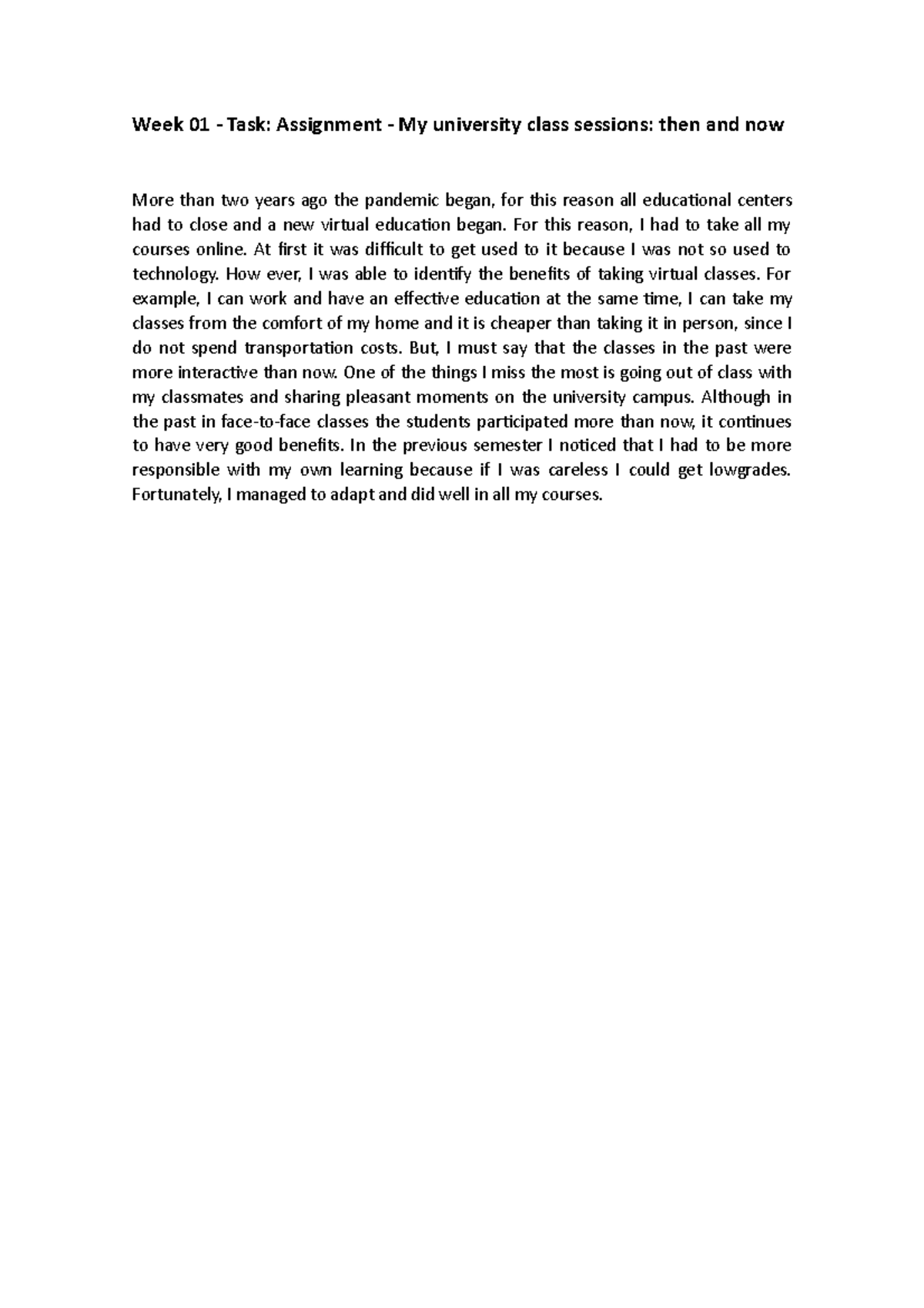 Week 01 - Task: Assignment - My university class sessions: then and now ...