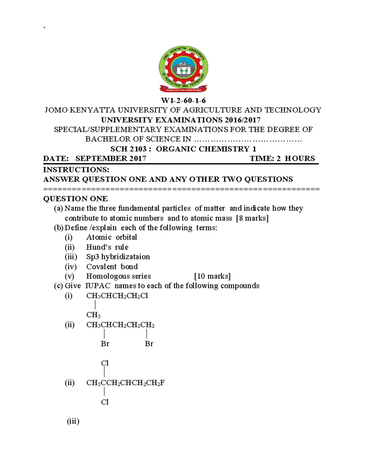 SCH 2103 CHEM TO Repeat - JKUAT EXAM - ` W1-2-60-1- JOMO KENYATTA ...