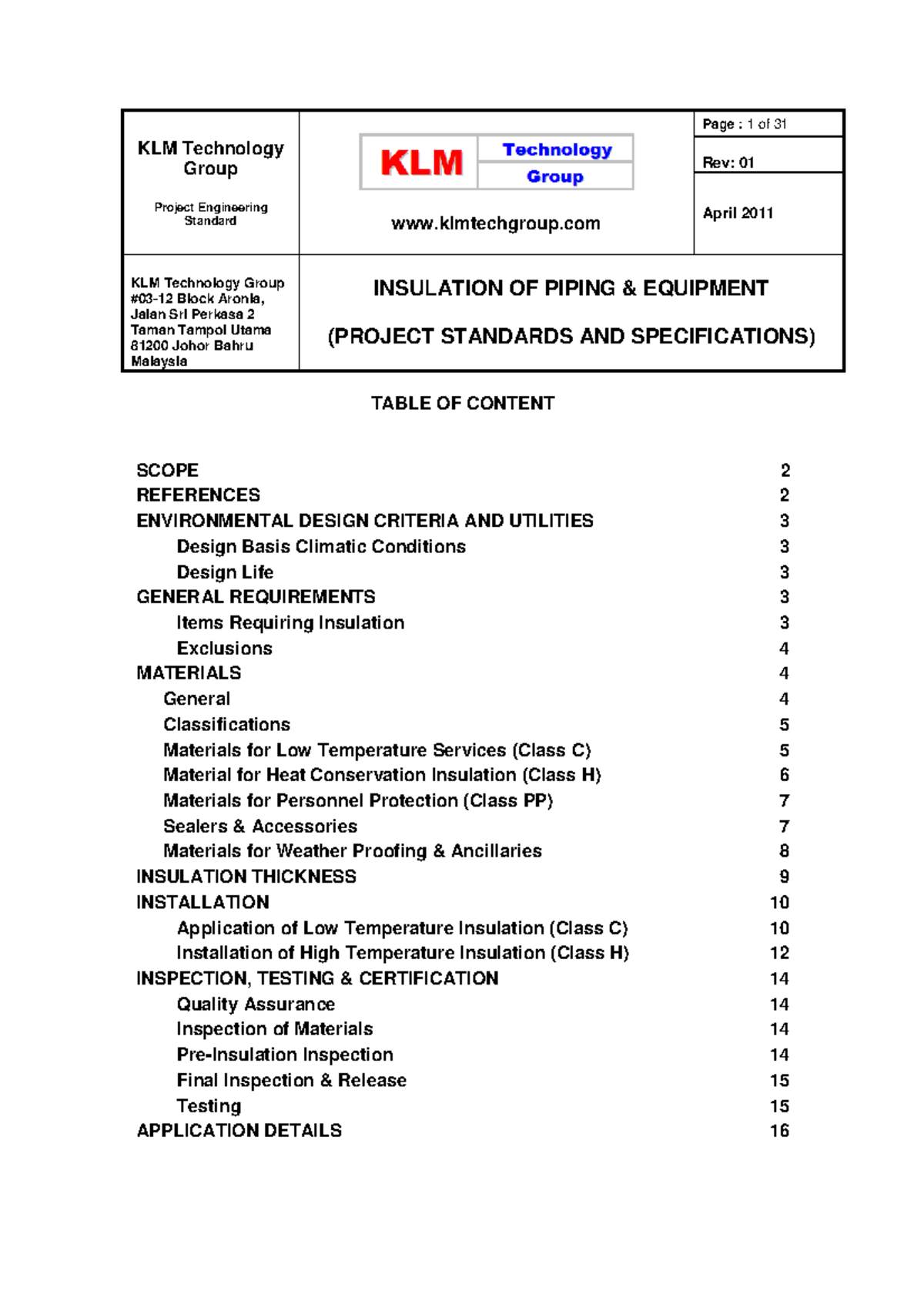 Project Standards AND Specifications piping insulation design Rev01 ...