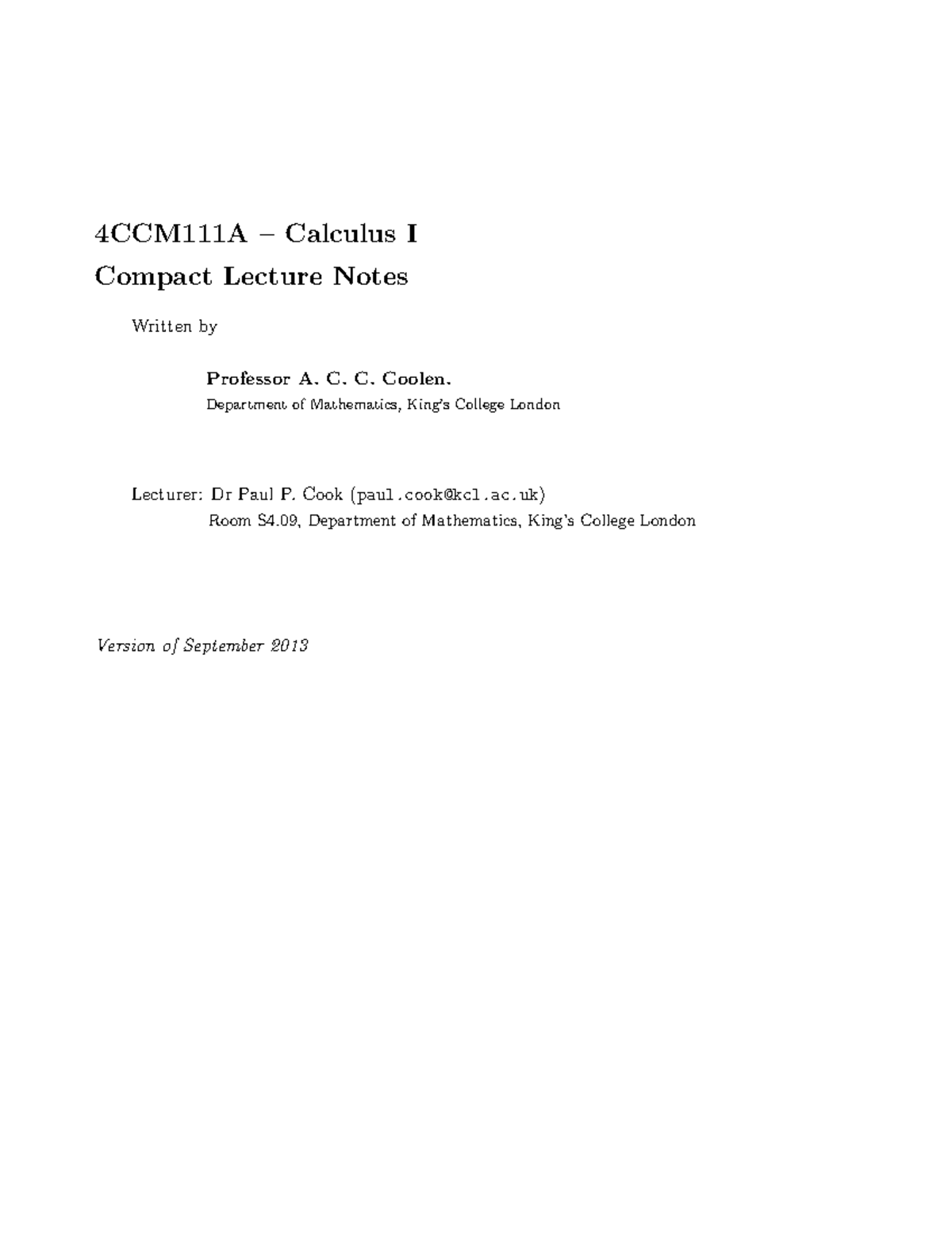 Calculus1Lecturenotes - Calculus I Compact Lecture Notes Written ...