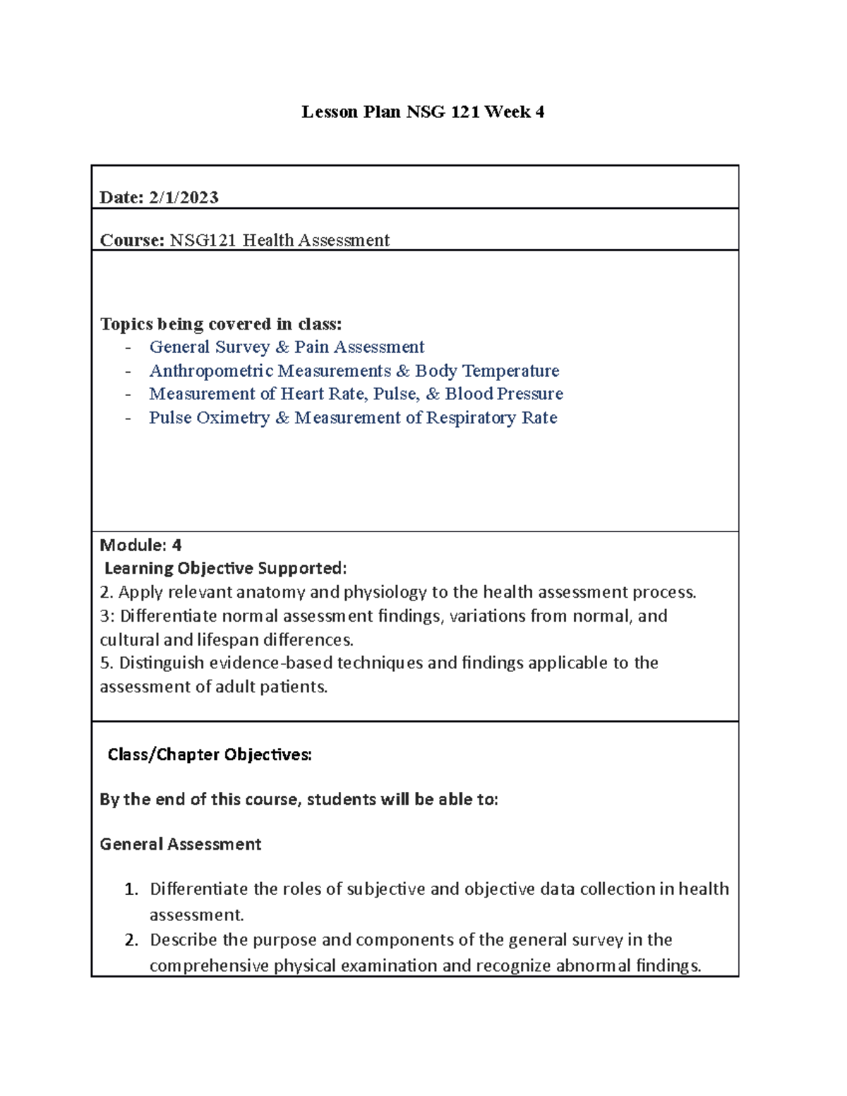 Lesson Plan NSG 121 Week 4 - Lesson Plan NSG 121 Week 4 Date: 2/1 ...