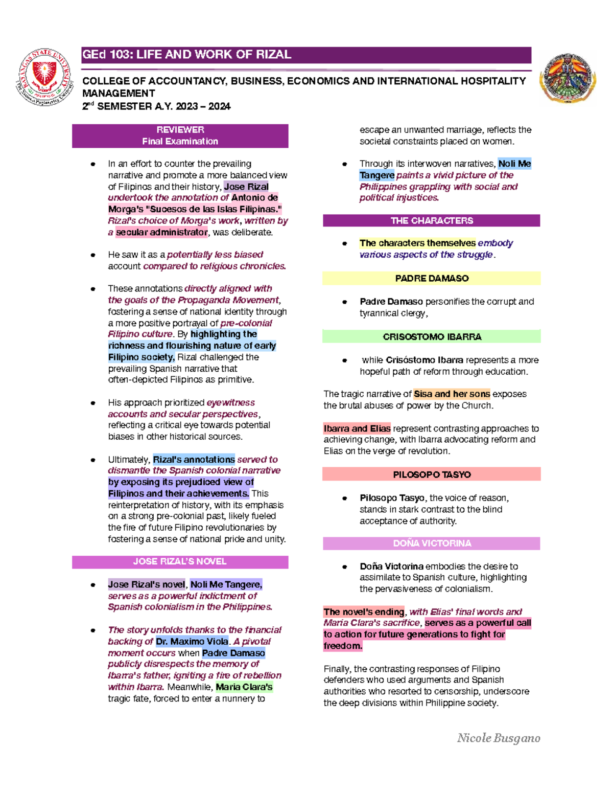 GED-103 - rizal - GEd 103: LIFE AND WORK OF RIZAL COLLEGE OF ...