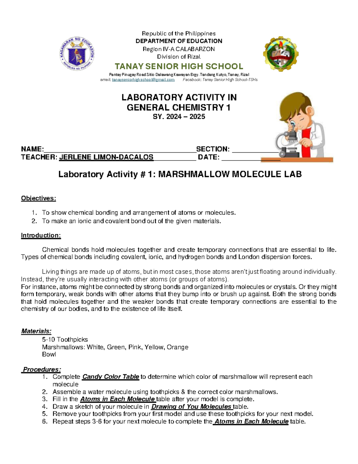 1 Marshmallow Molecule LAB - Republic of the Philippines DEPARTMENT OF ...
