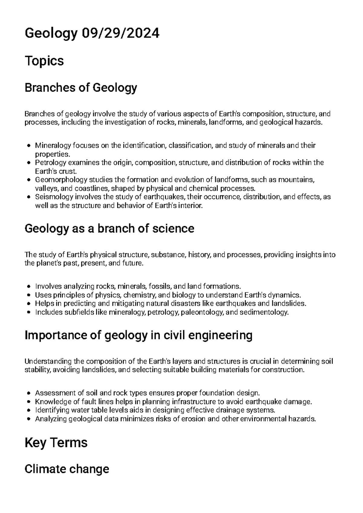 Geology 09292024-Study Guide - Geology 09/29/ Topics Branches of ...