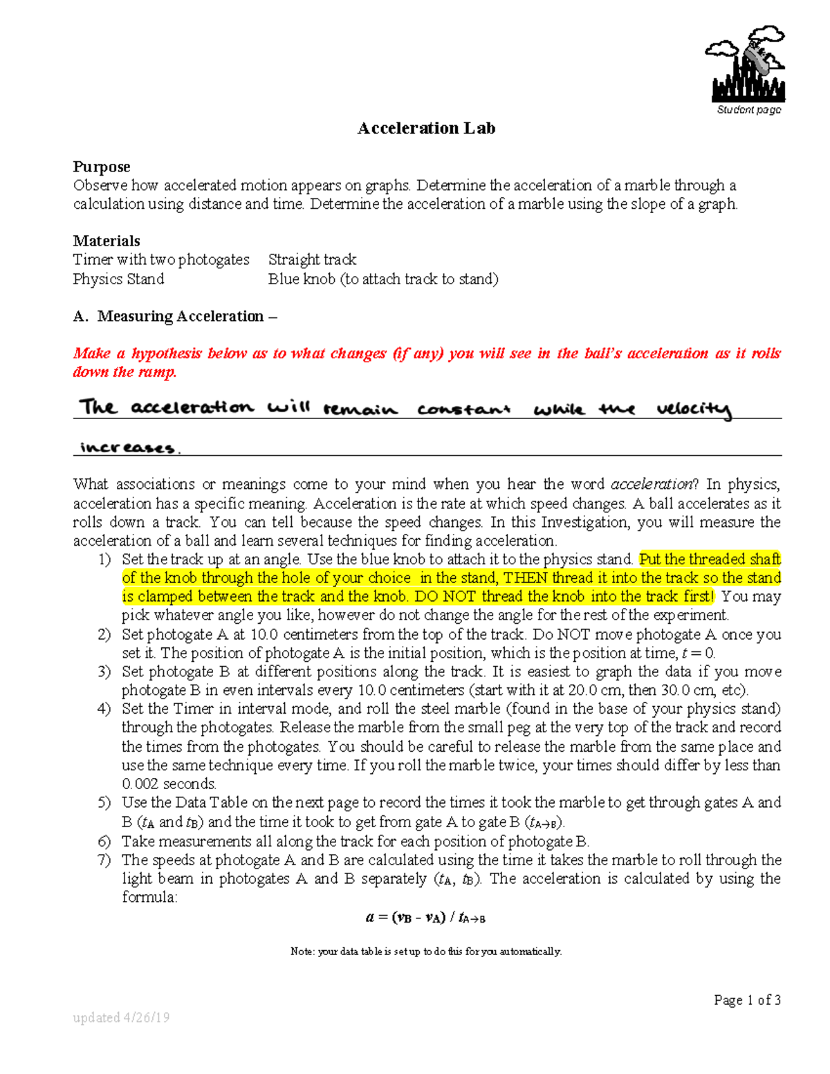 Lab Acceleration Straight Track - Student page Page 1 of 3 updated 4/26/ Acceleration Lab ...