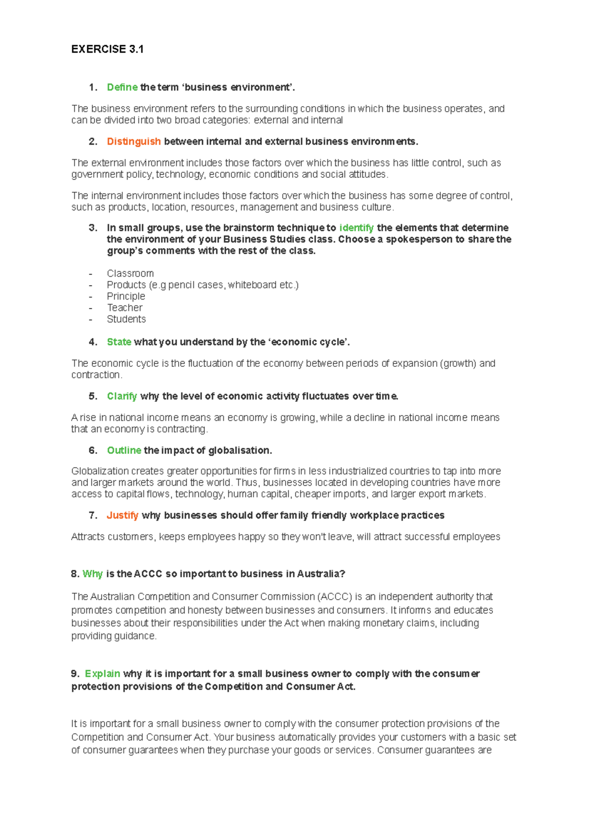 business practice questions yr 11 - EXERCISE 3. Define the term ...