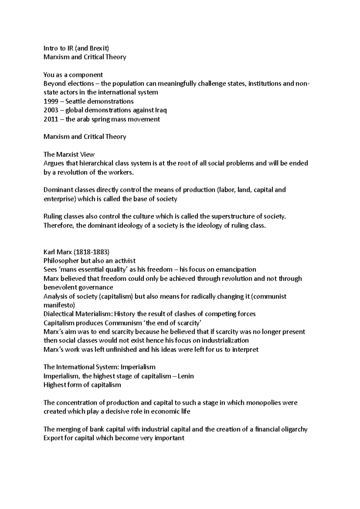 Intro to IR - Lecture notes 1-3 - Intro to IR (and Brexit) Marxism and ...