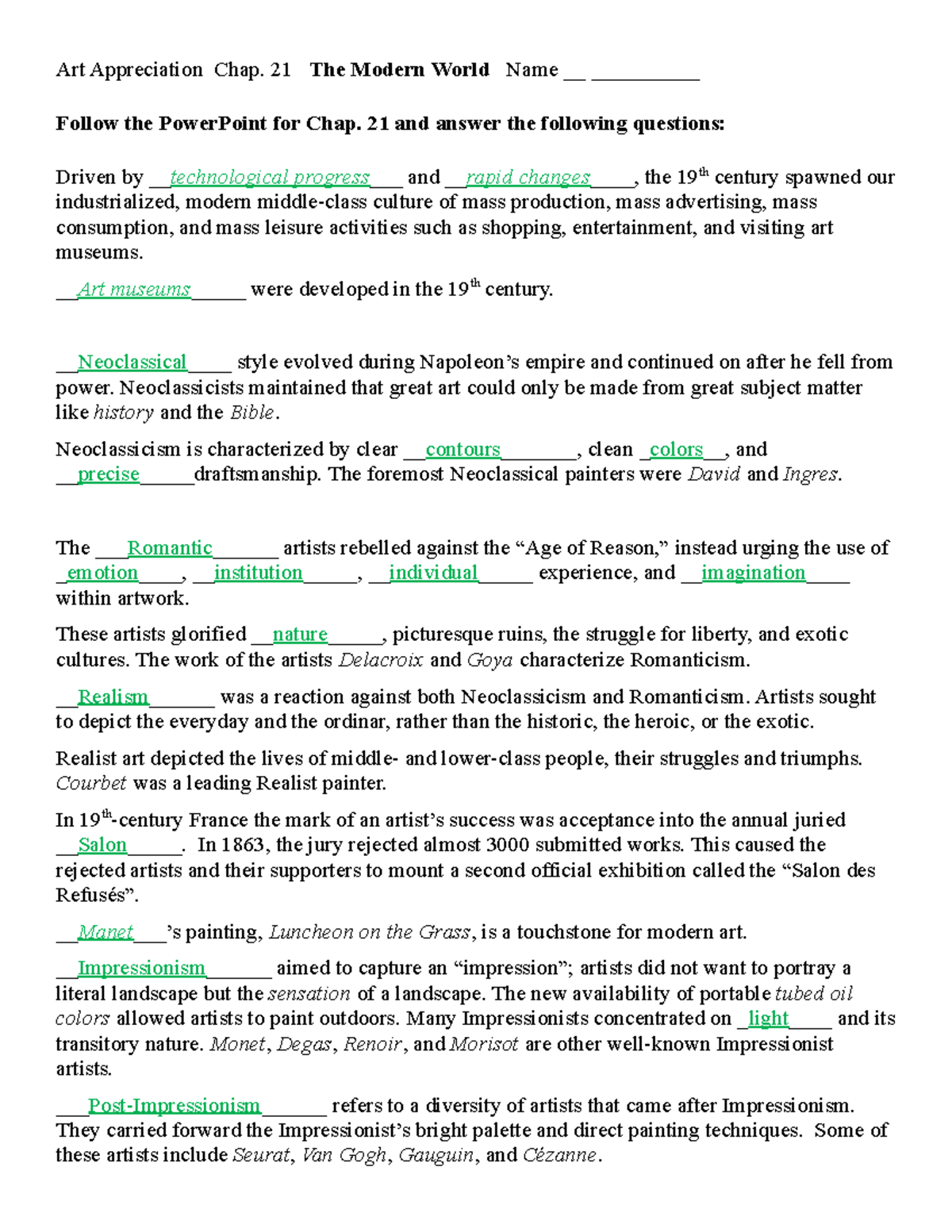 Chap. 21 Modern World - Art Appreciation Chap. 21 The Modern World Name ...