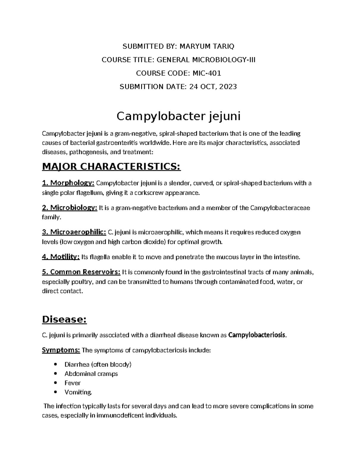 Campylobacter jejuni 1 - SUBMITTED BY: MARYUM TARIQ COURSE TITLE ...