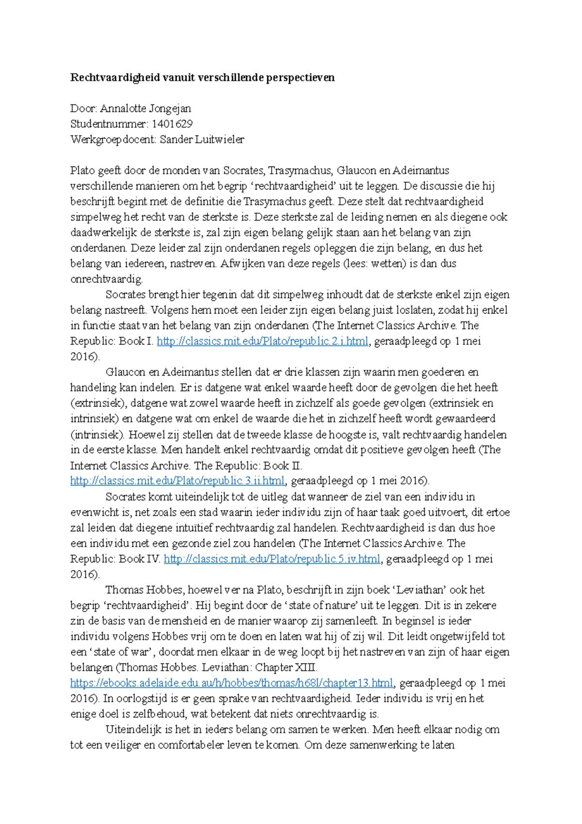 Paper Politieke Filosofie - Rechtvaardigheid vanuit verschillende ...