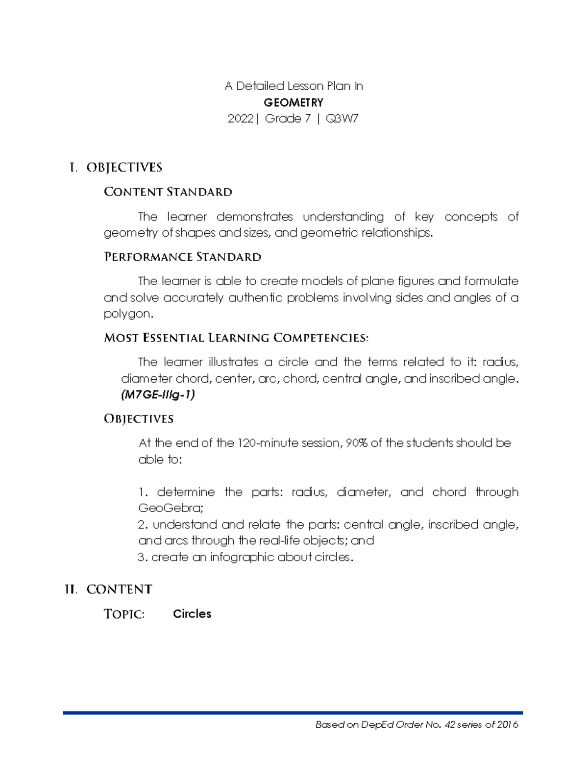 A Detailed Lesson Plan Quarter 3 Week 7 Grade 7 Circles - Based on ...
