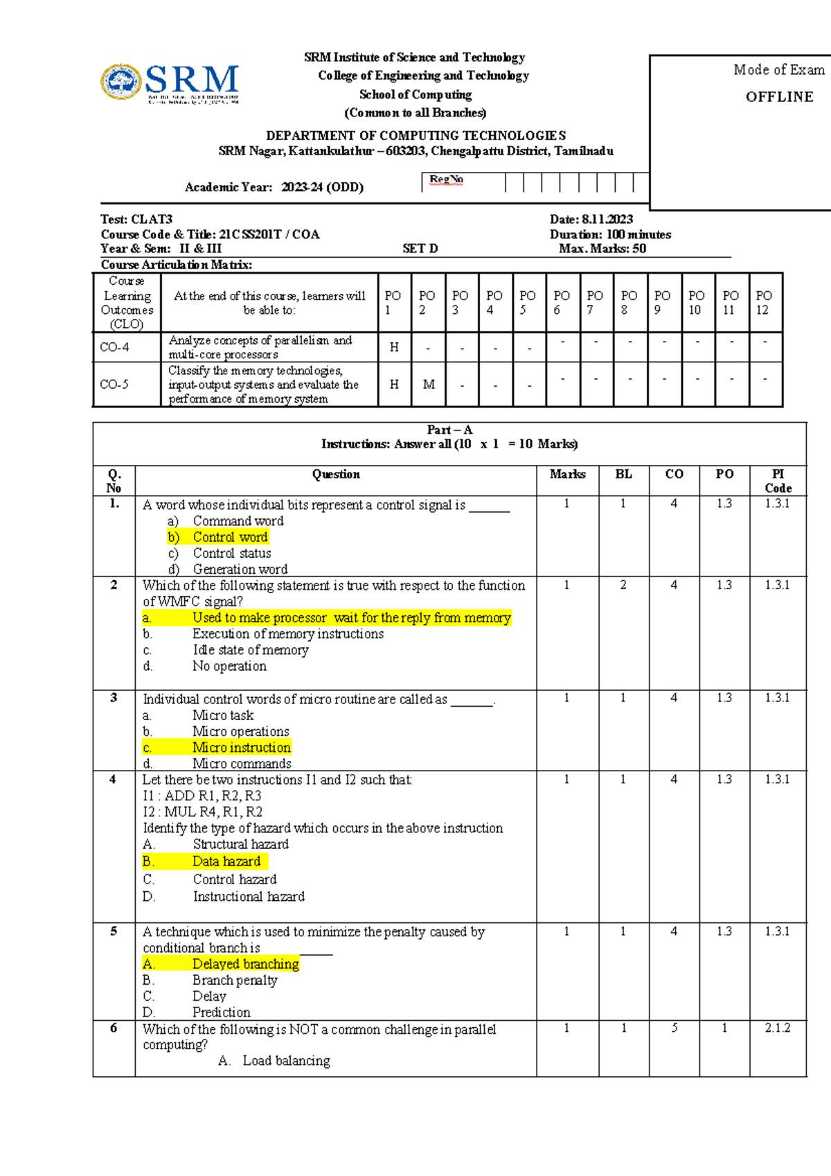 Coa Ct3 Set D Answer Key Srm Institute Of Science And Technology College Of Engineering