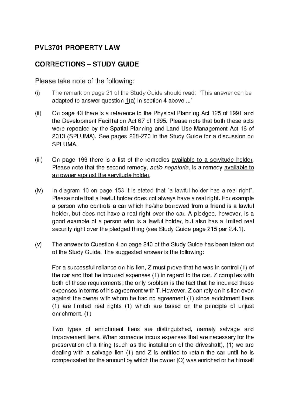 PVL3701 Correction study guide - PVL3701 PROPERTY LAW CORRECTIONS ...