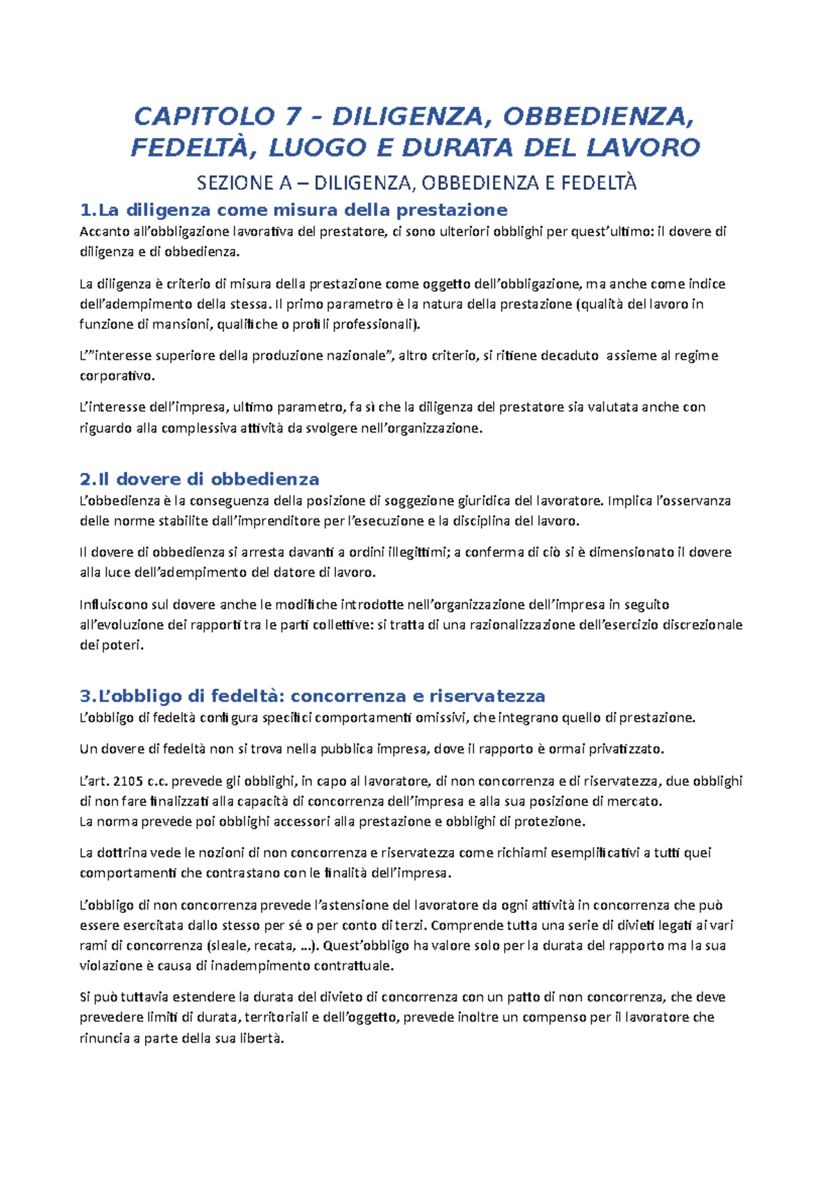 Diritto del lavoro cap. 7 - CAPITOLO 7 – DILIGENZA, OBBEDIENZA, FEDELTÀ ...