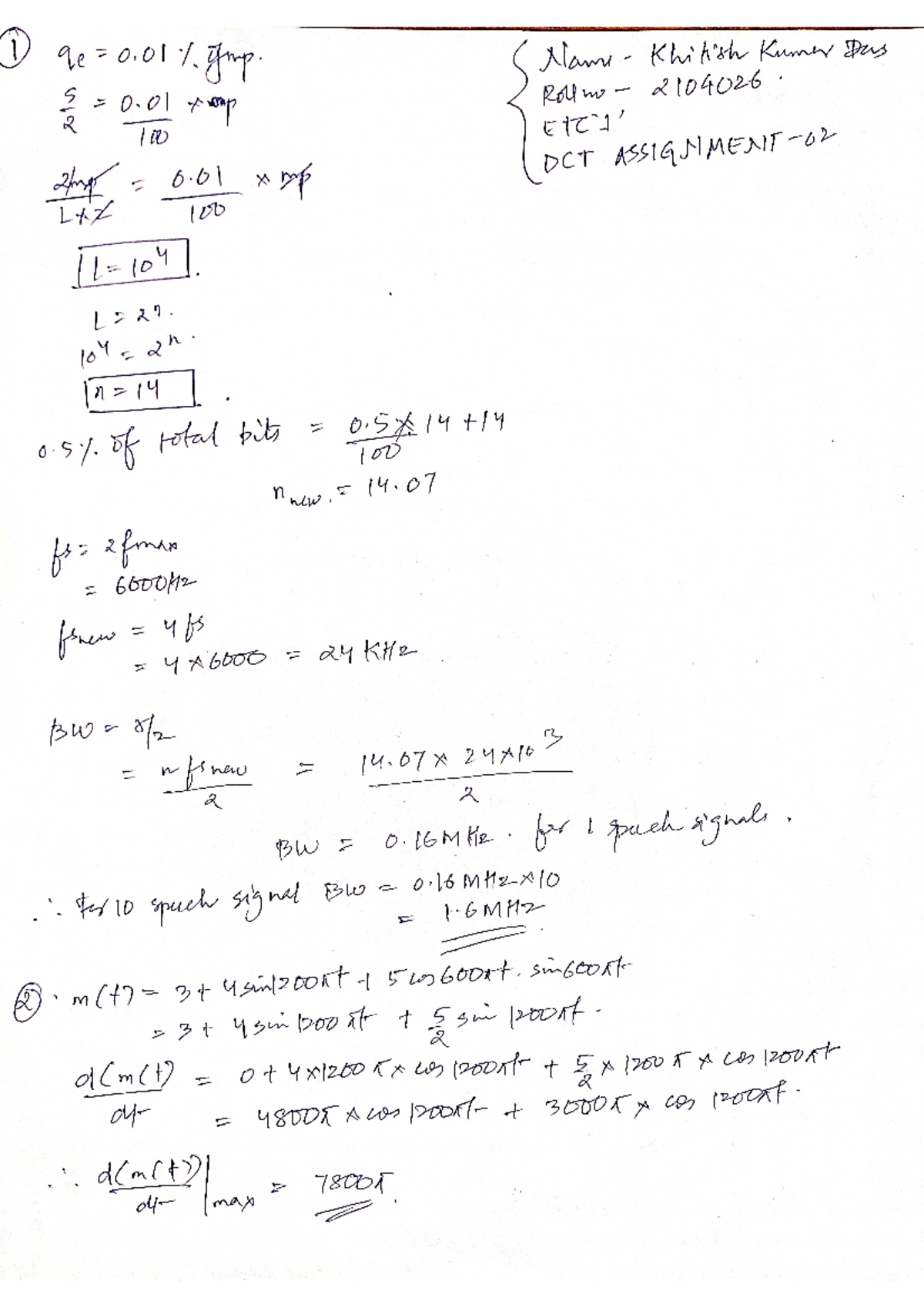 DCT Assignment 2 2104026 - Digital Communication Techniques - Studocu
