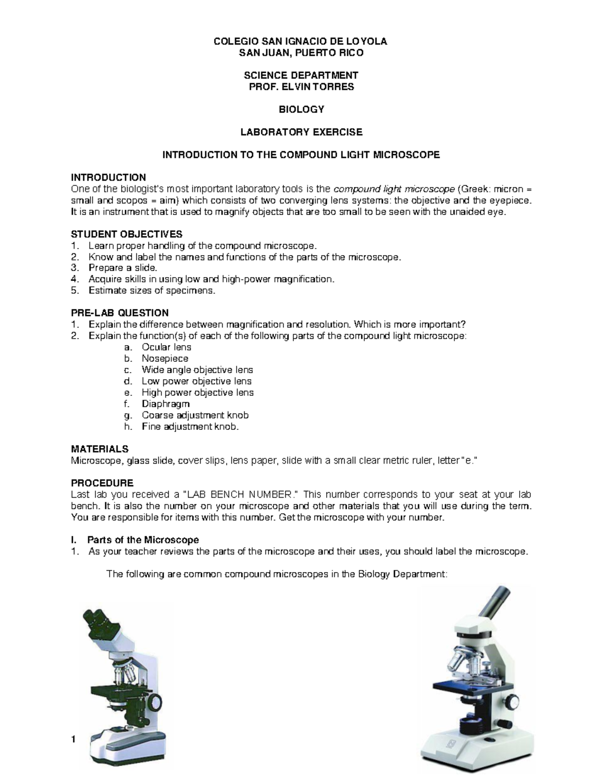 LAB Introduction to the compound light microscope - COLEGIO SAN IGNACIO ...