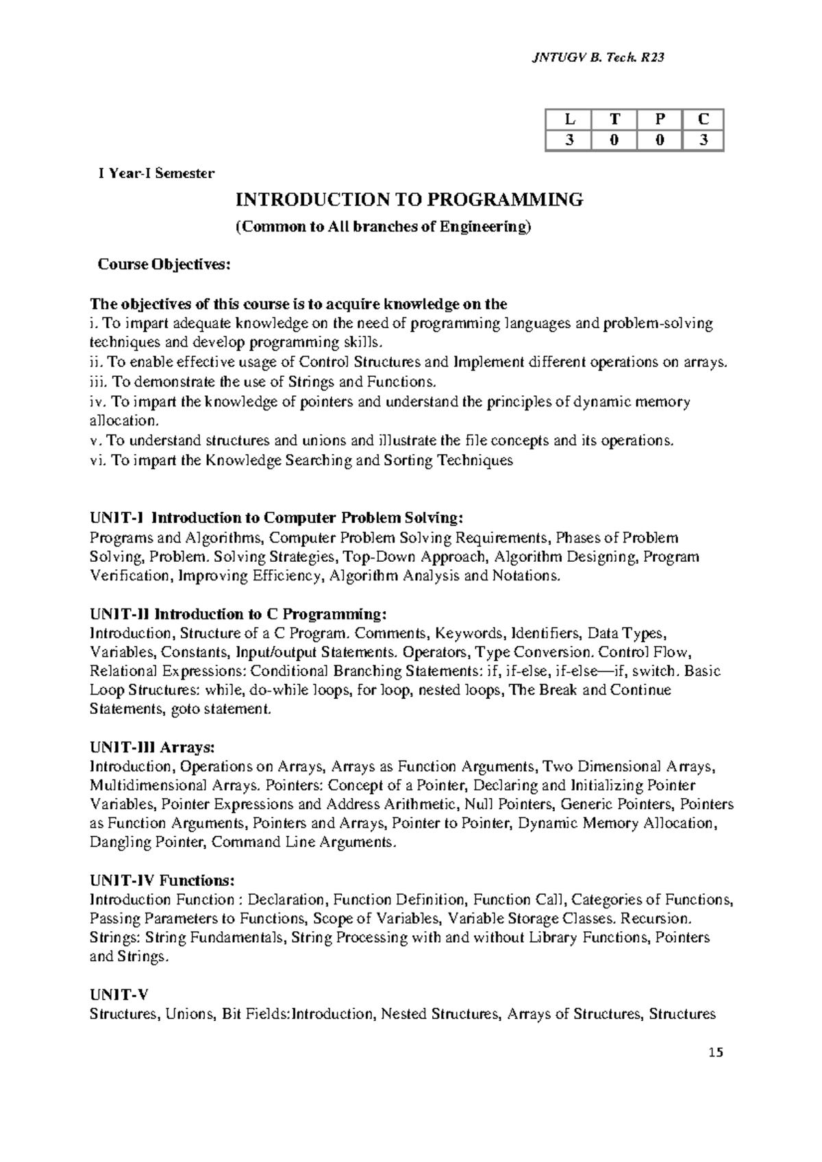 23nm Cp Syllabus Jntugv B Tech R Regulations 15 I Year I Semester Introduction To