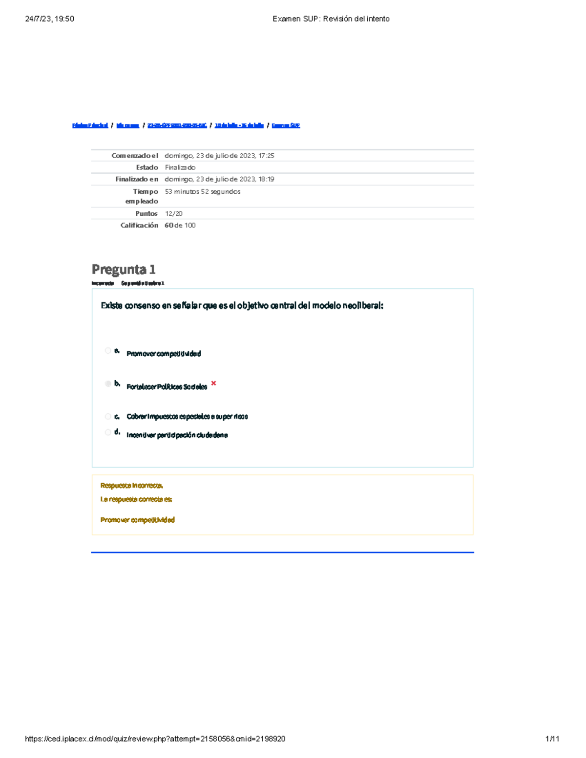 Examen SUP Revisión del intento - Página Principal / Mis cursos / 23-2B ...