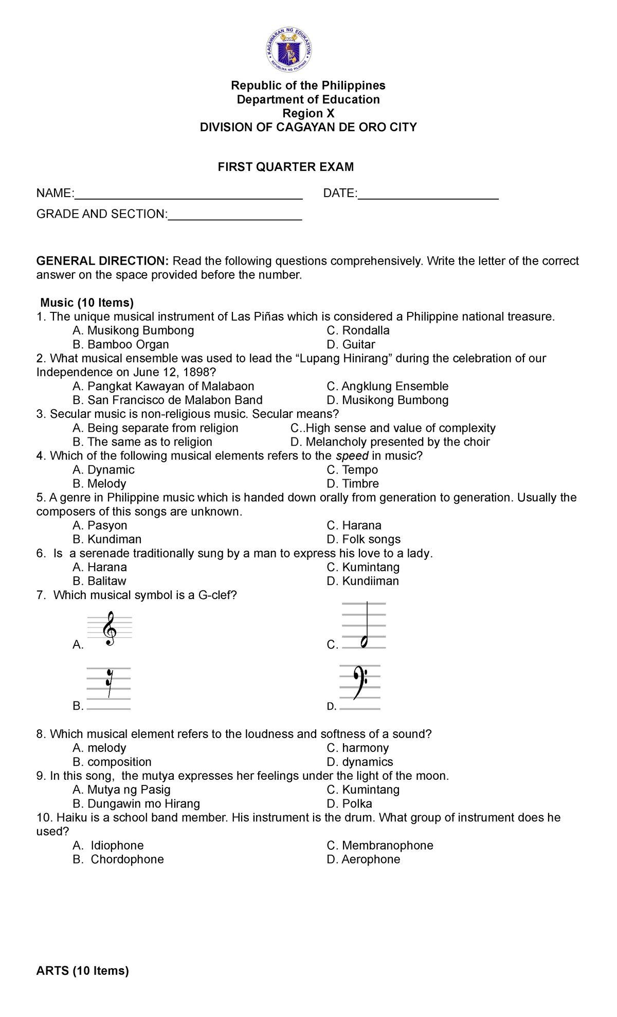 Mapeh 7 Q1 First Quarter Exam - Republic of the Philippines Department ...