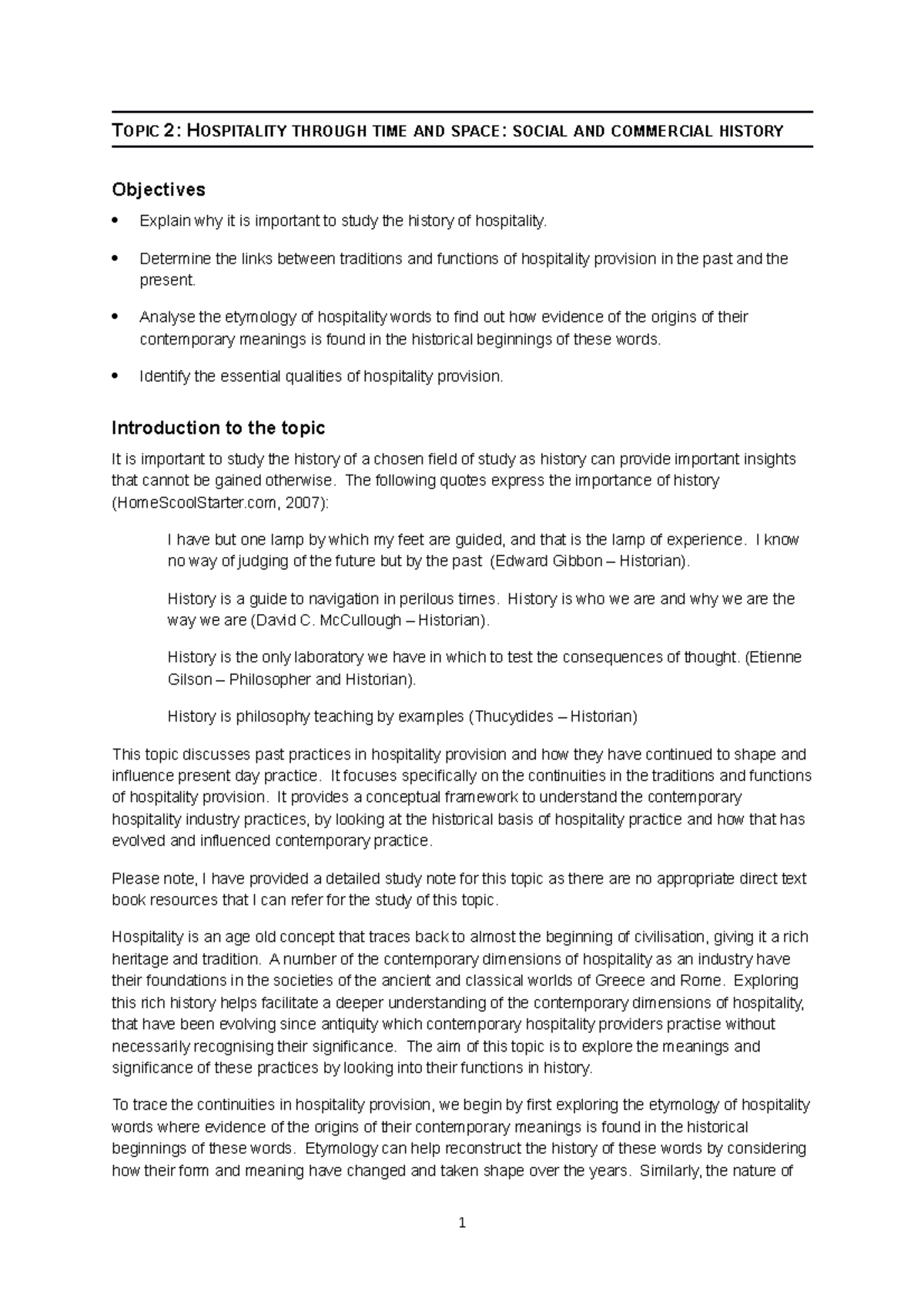 Topic 2 - Hospitality through time and space Handout - TOPIC 2 ...