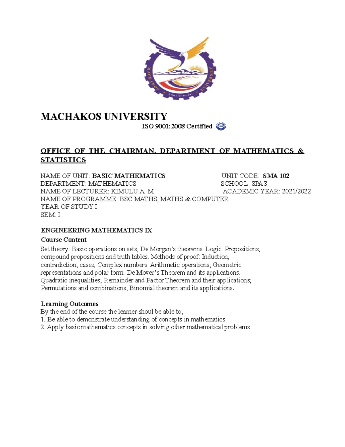 Sma 102 Important Notes Machakos University Iso 90012008 Certified Office Of The Chairman 