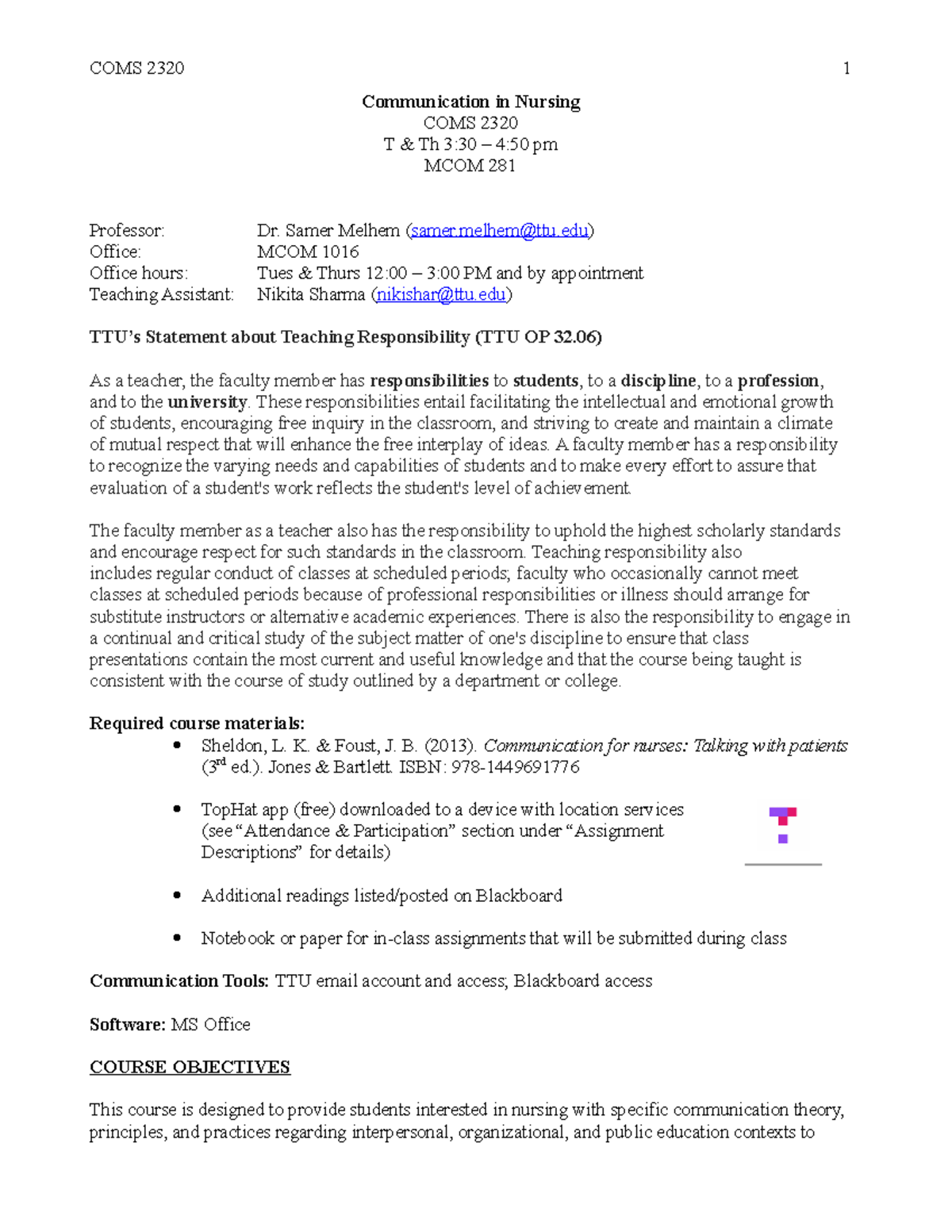 Syllabus COMS 2320 001 Fall 2022 - 8.29.2022 Dr. Melhem - Communication ...