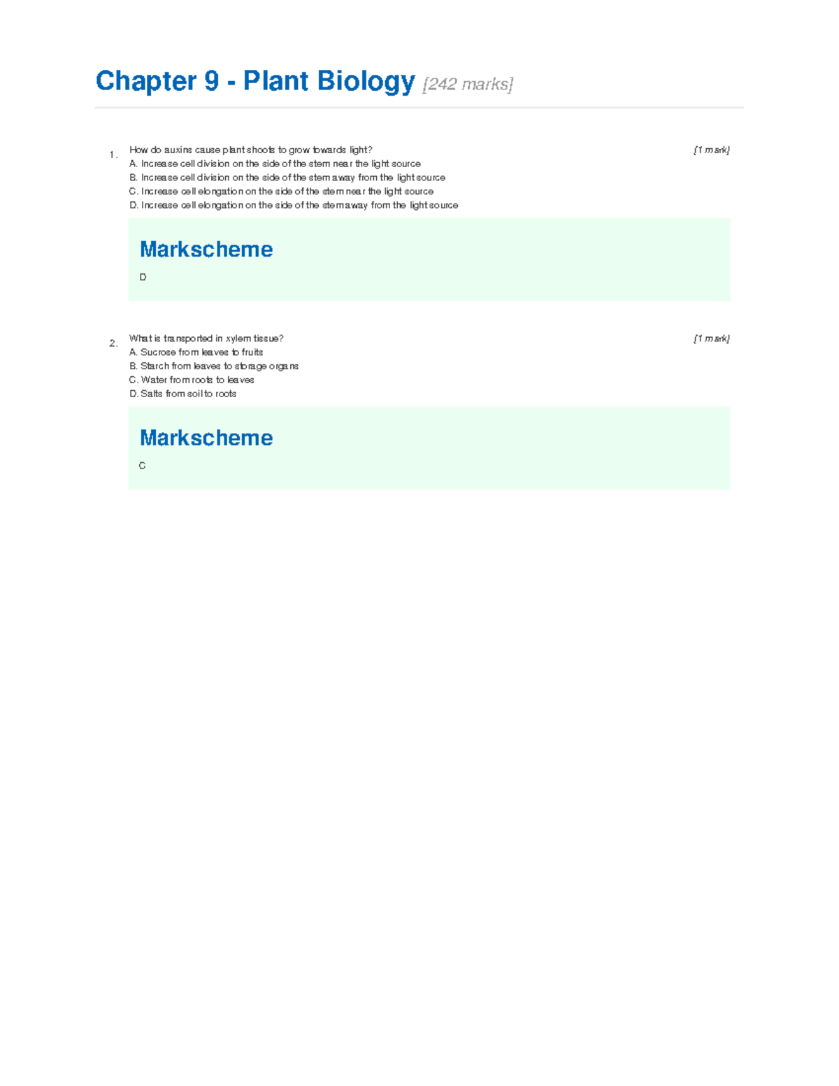 Chapter 9 - plant biology - Chapter 9 - Plant Biology [242 marks] 1 ...