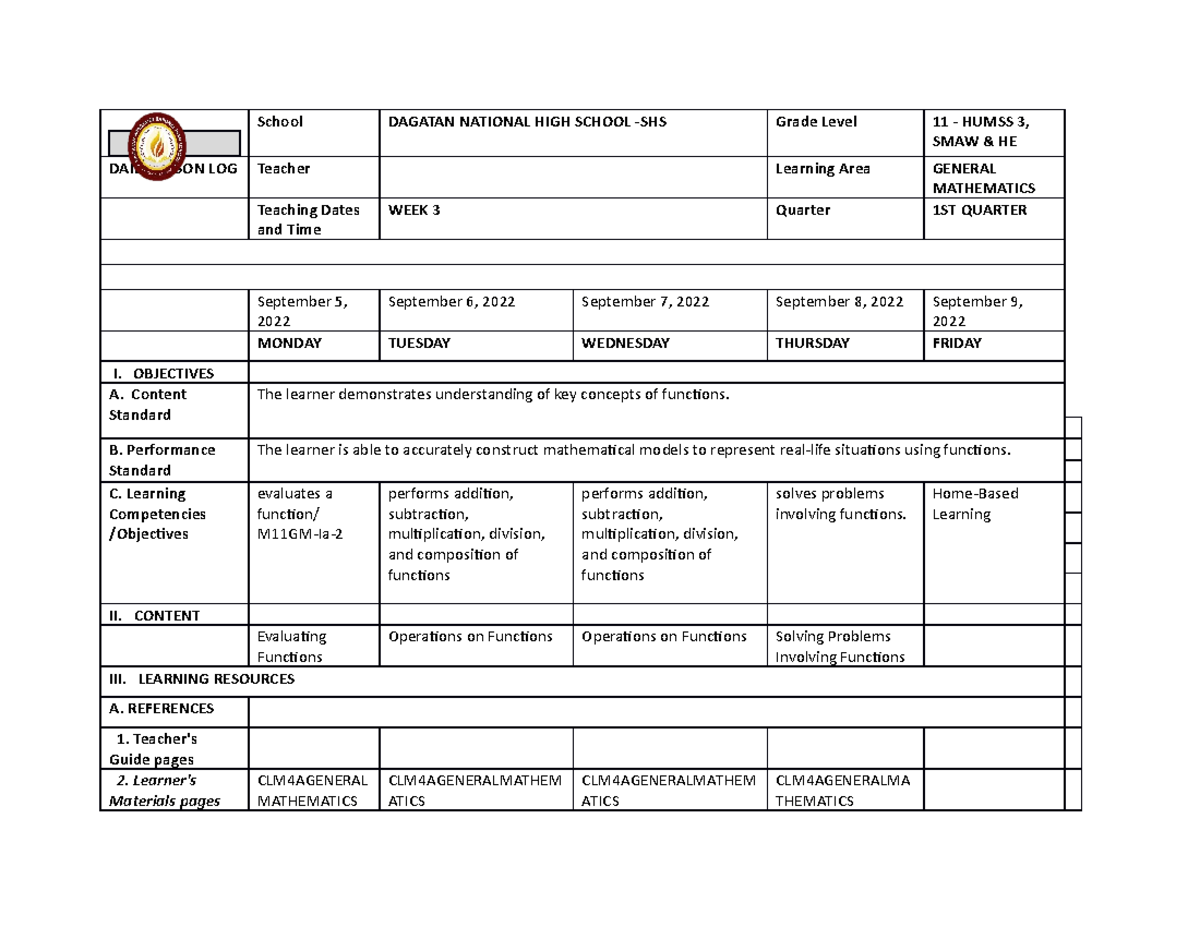 DLL GEN MATH - LEARNING PLAN - School DAGATAN NATIONAL HIGH SCHOOL -SHS ...