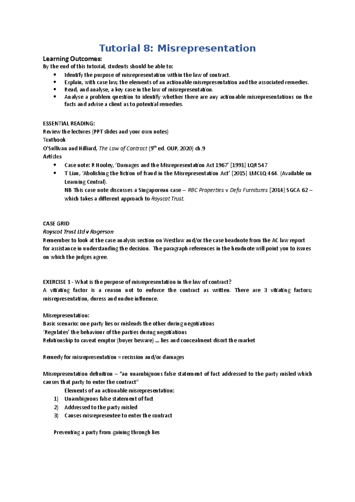 Contract law Tutorial 8 Misrepresentation - Tutorial 8: Misrepresentation Learning Outcomes: By ...