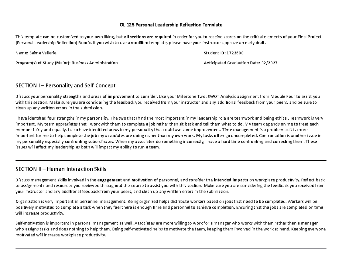 Final Reflection - OL 125 Personal Leadership Reflection Template This ...