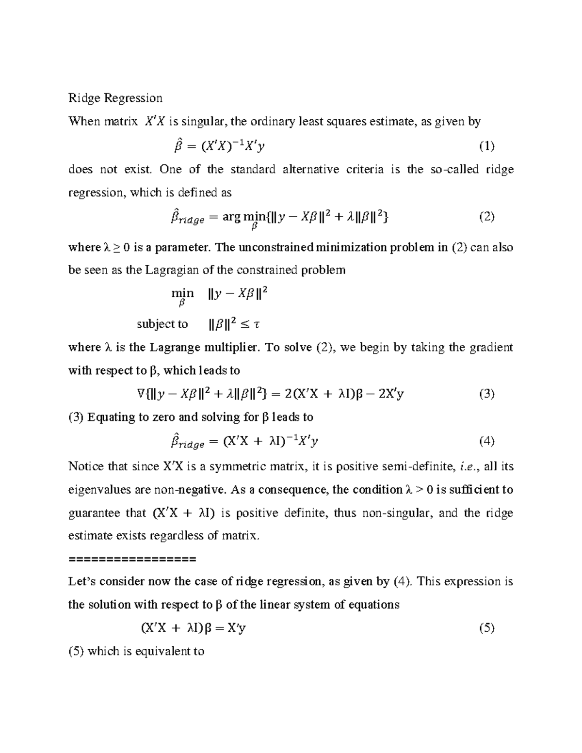 Ridge Regression - Lecture note - Ridge Regression When matrix 𝑋′𝑋 is ...