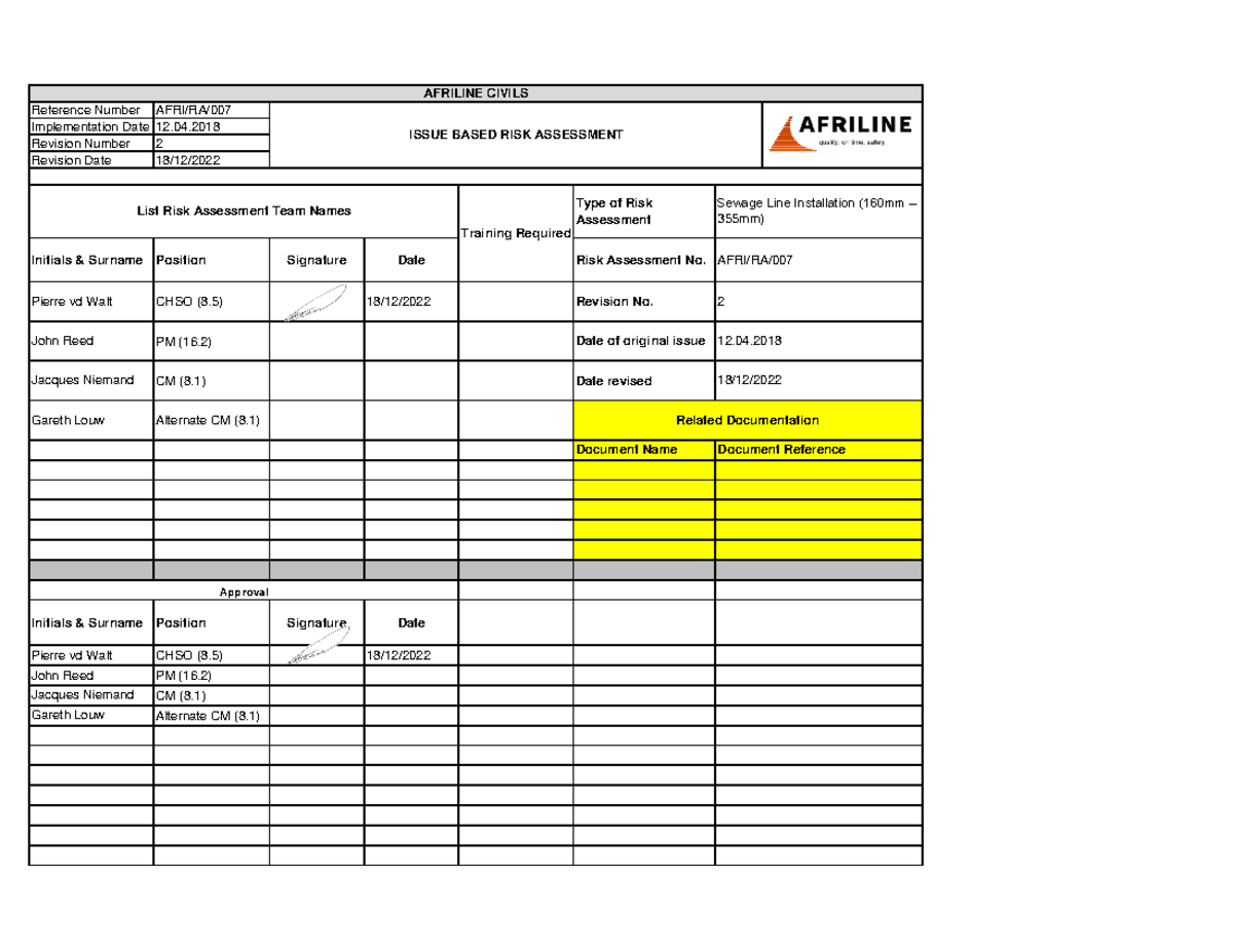 SEWAGE RISK ASSESSMENT - AFRI/RA/ 12. 2 18/12/ Position CHSO (8) PM (16 ...