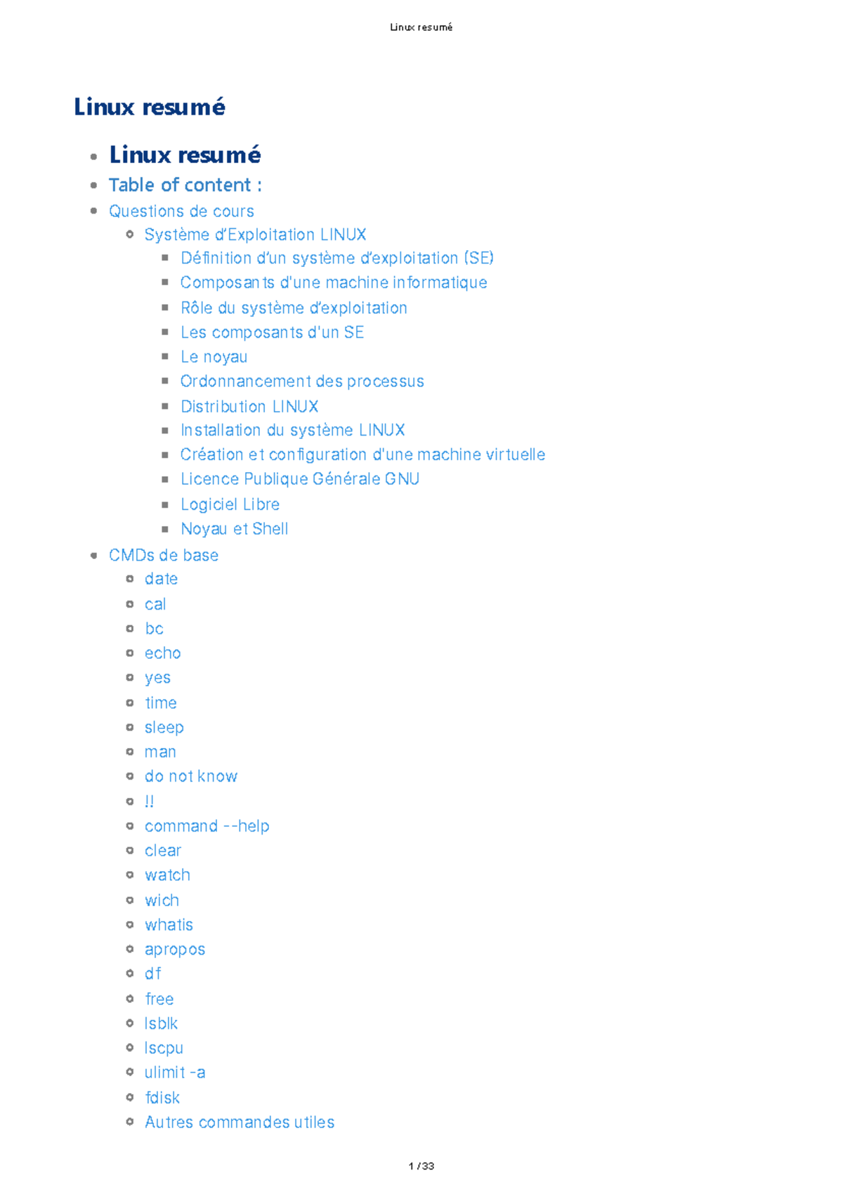 Linux resumé - Linux resumé Linux resumé Table of content : Questions de cours Système - Studocu