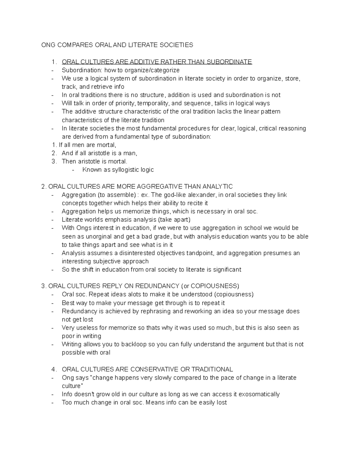 Cmns 110 notes - comparison between oral and literate societies by ...