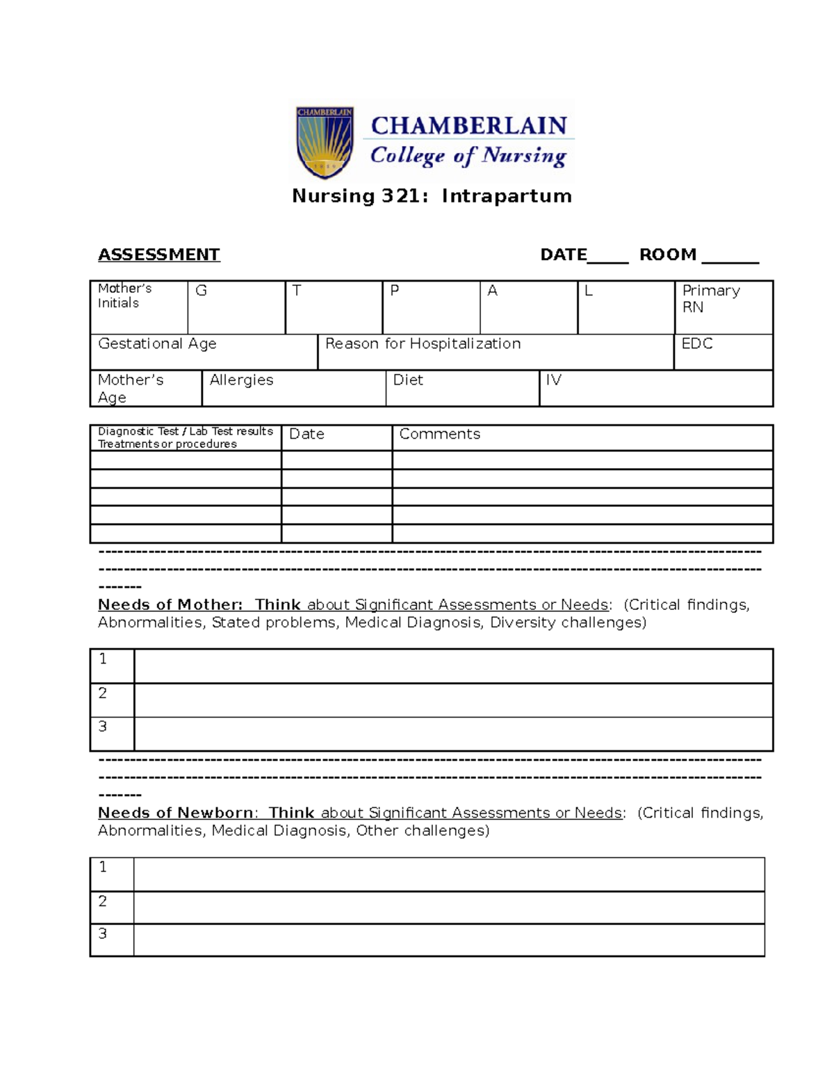 Intrapartum Care Plan Revised - ASSESSMENT DATE_____ ROOM ...