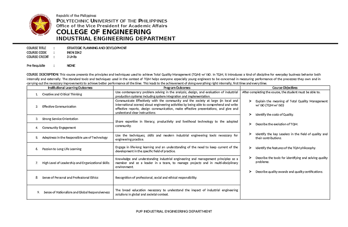 Syllabus Strategic Planning and Management - POLYTECHNIC UNIVERSITY OF ...