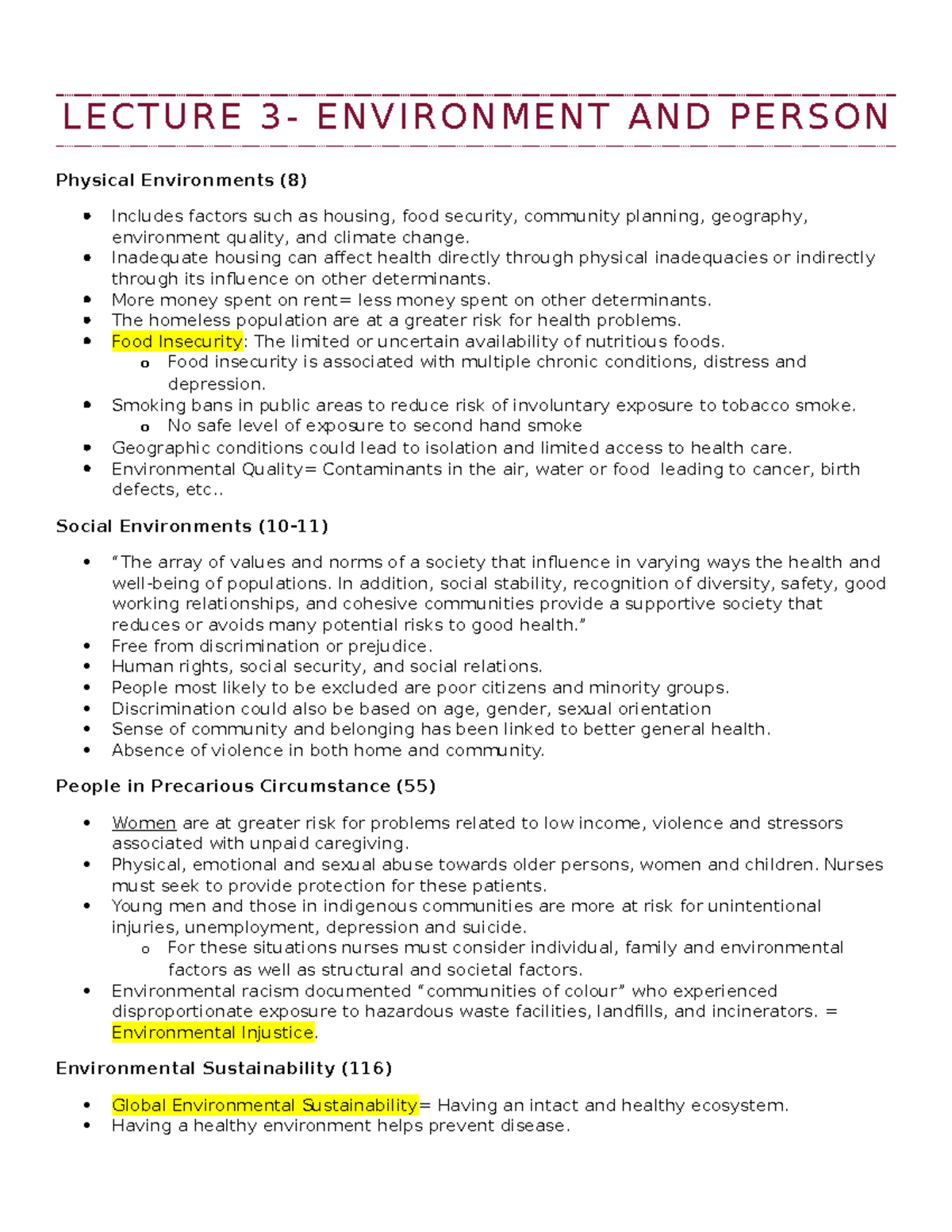 Environment and Person Reading Notes - LECTURE 3- ENVIRONMENT AND ...