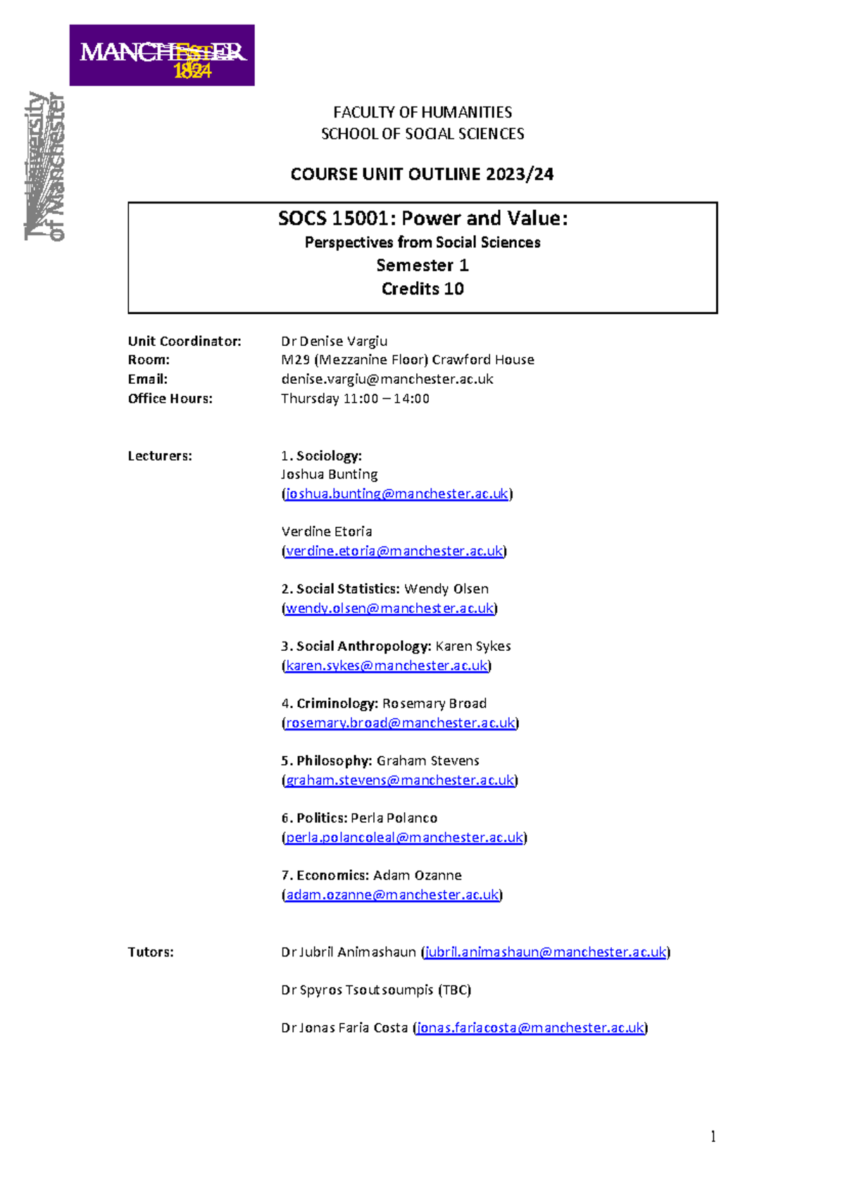 Course outline - help sheet - FACULTY OF HUMANITIES SCHOOL OF SOCIAL ...