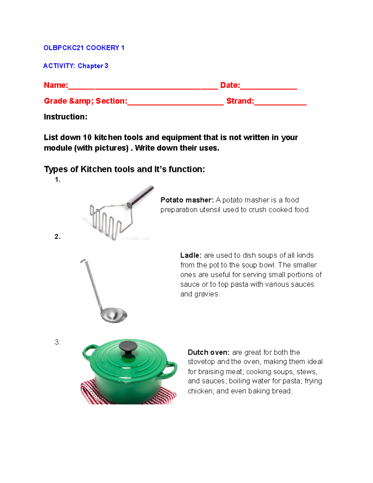 Chapter 2 Activity - Activit - OLBPCKC21 COOKERY 1 ACTIVITY: Chapter 3 ...