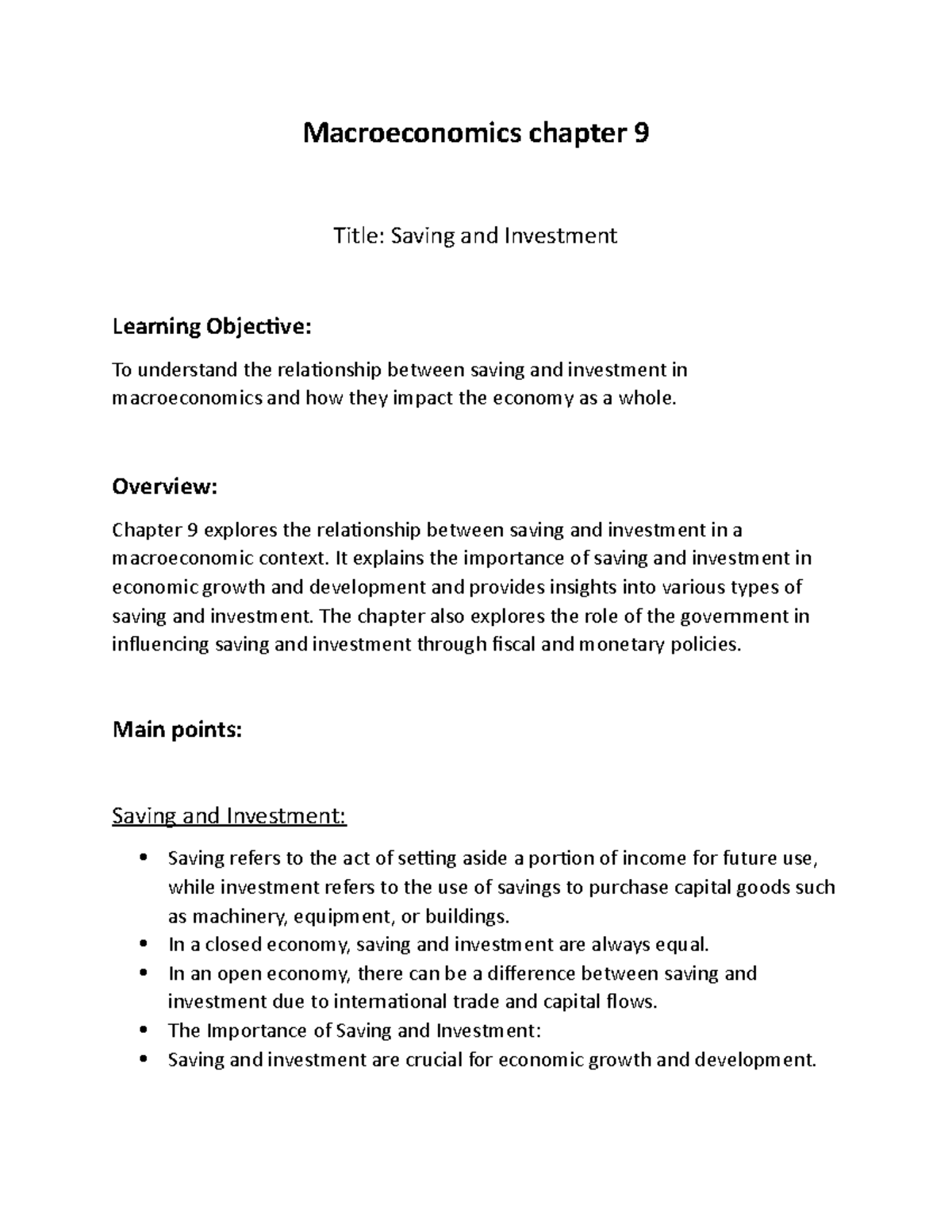 Macroeconomics - Chapter 9 - Macroeconomics chapter 9 Title: Saving and ...