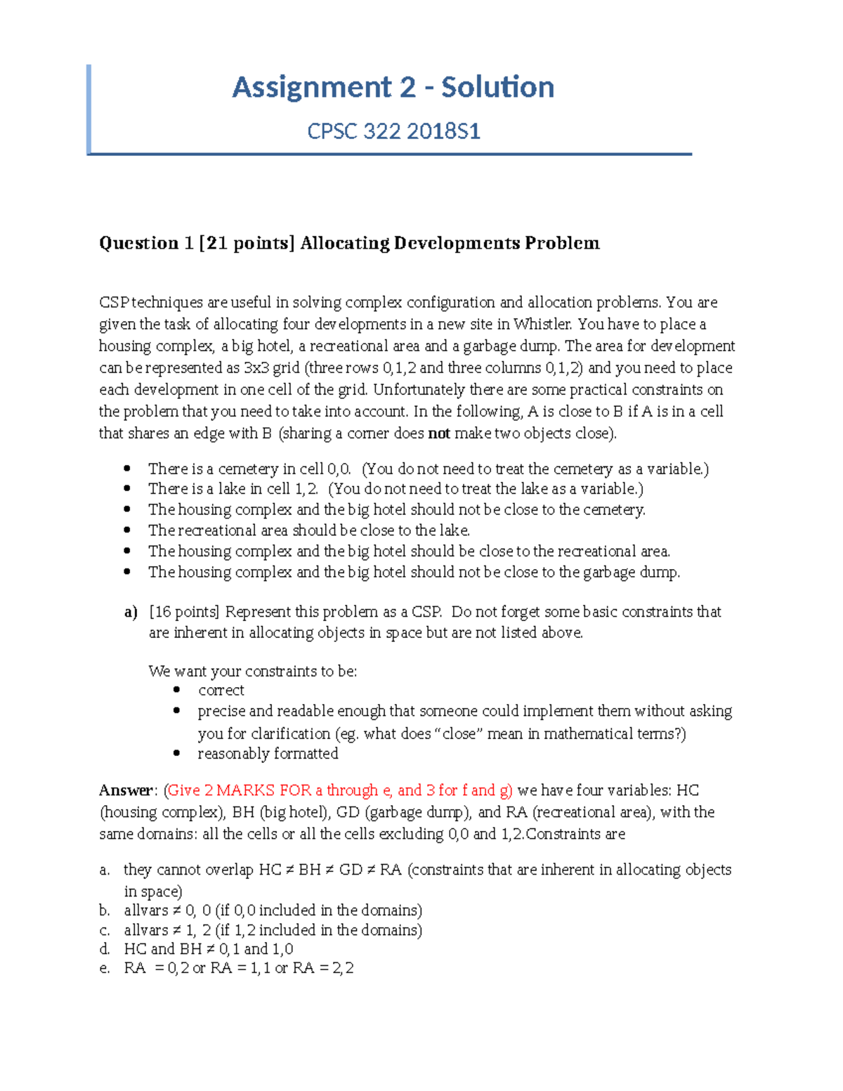 Assn2 soln - Assignment 2 - Solution CPSC 322 2018S1 Question 1 [21 ...