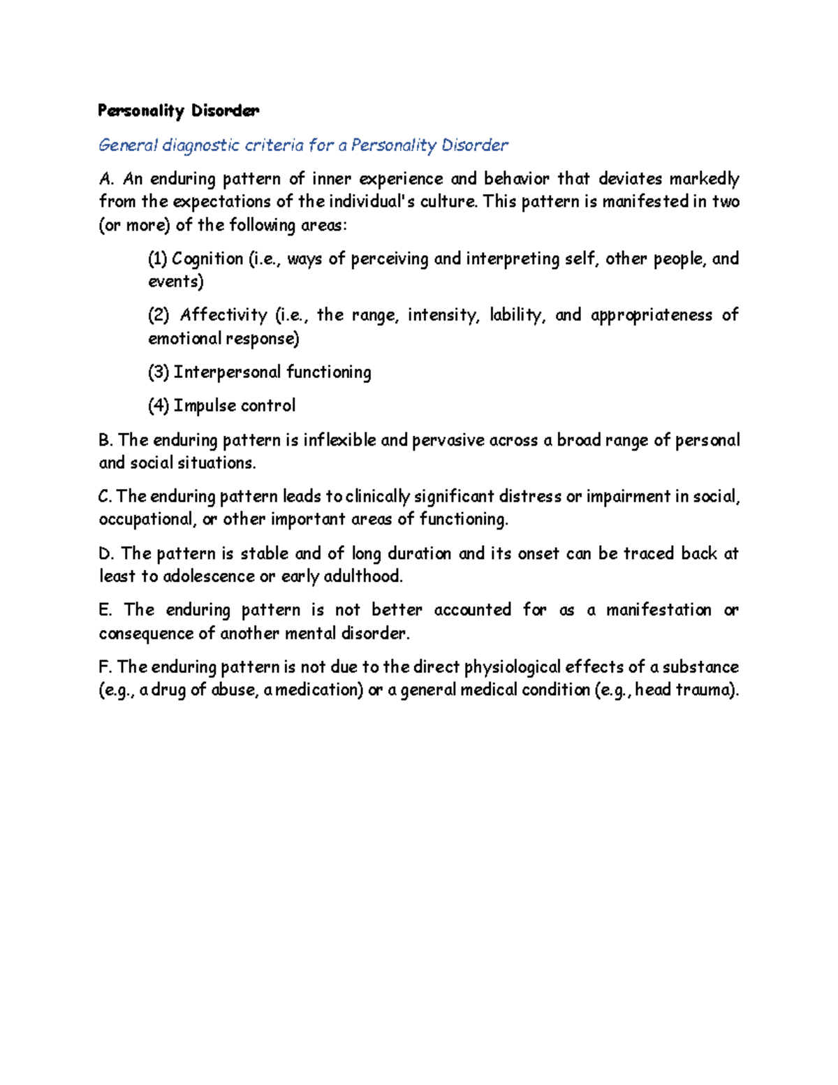PD Criteria DSM IV - Personality Disorder General diagnostic criteria ...