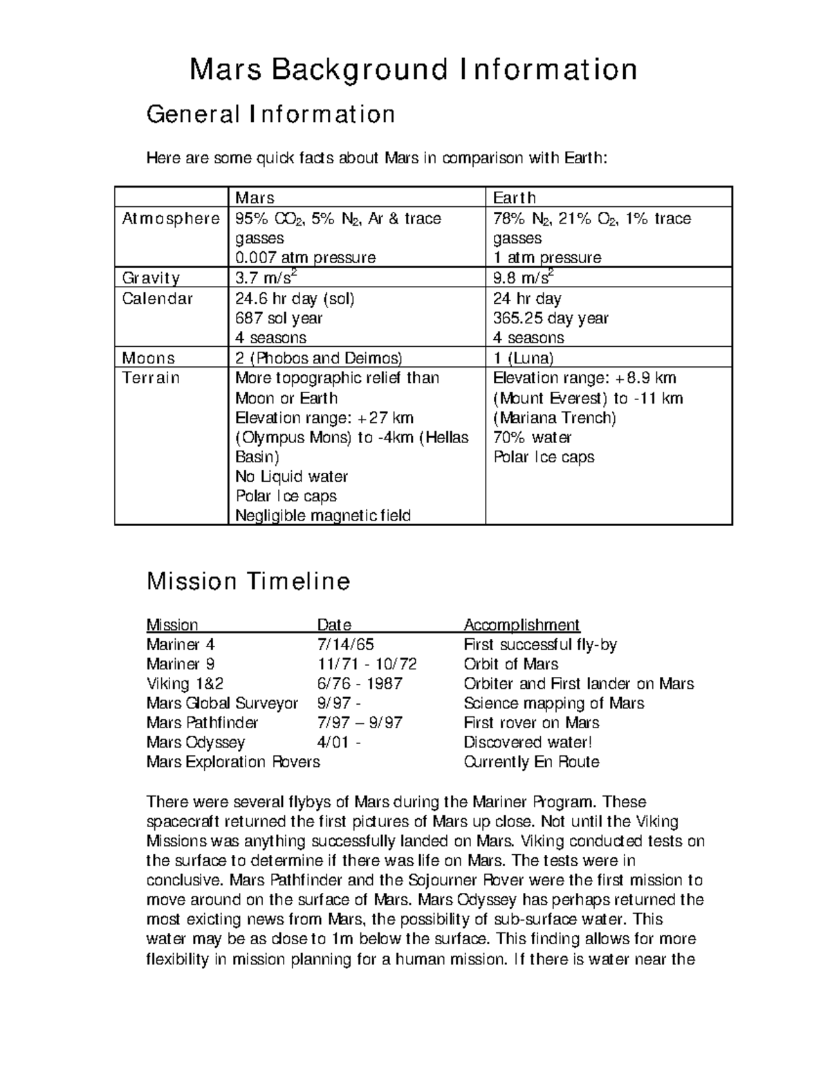 Eng 450 mars information - Mars Background I nformation General I ...